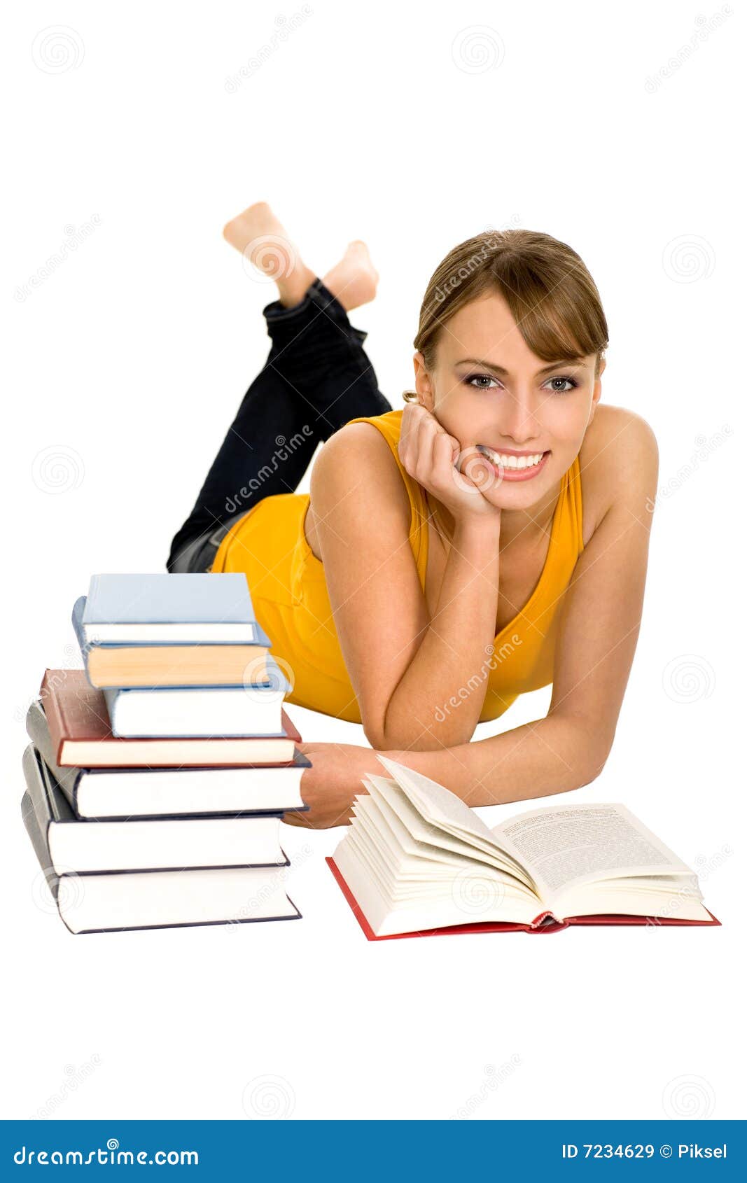 Woman with books stock image. Image of happy, piles, full - 7234629