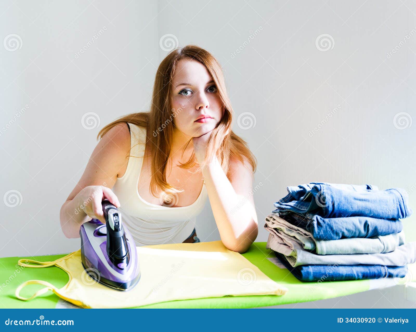 Woman Bored of Doing the Ironing. Stock Photo - Image of cloth ...