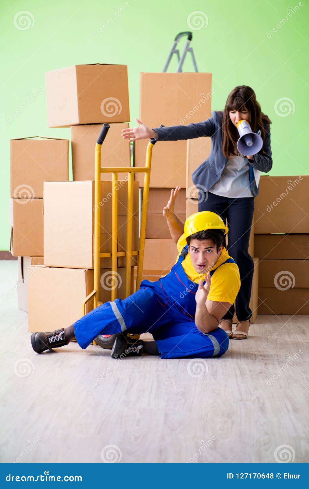 The Woman Boss and Man Contractor Working with Boxes Delivery Stock ...