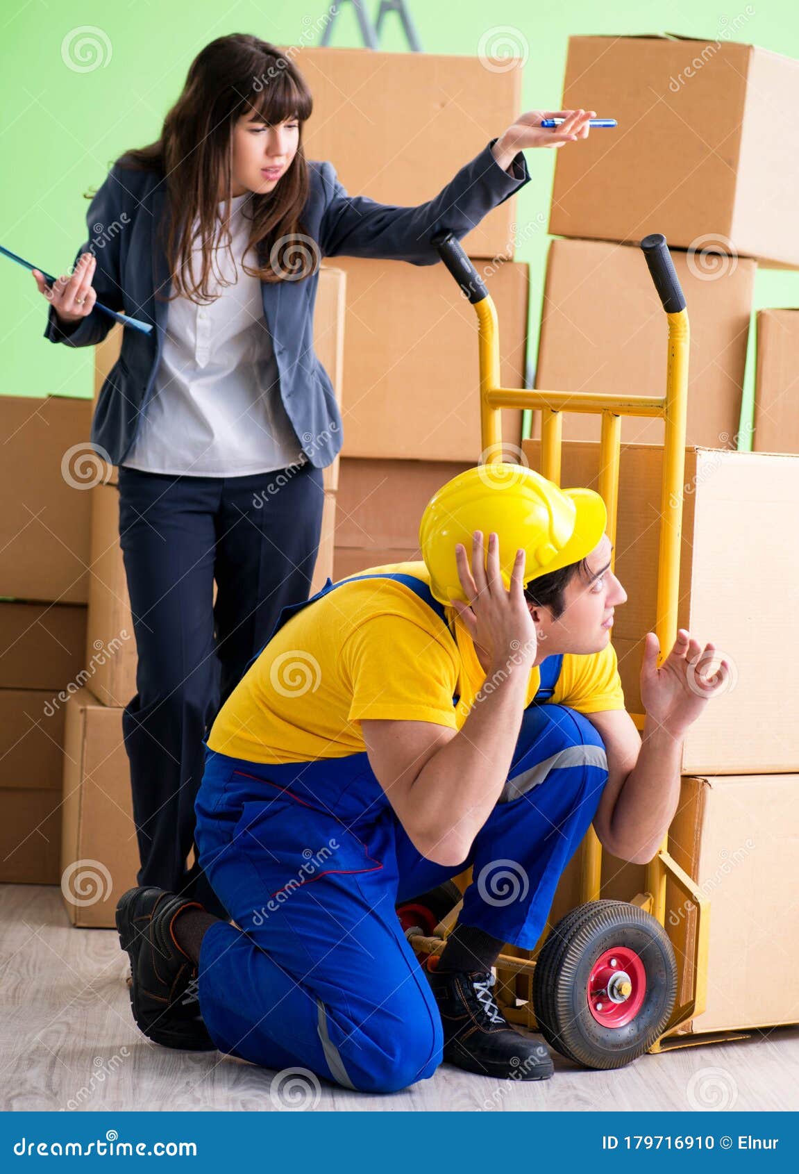 Woman Boss and Man Contractor Working with Boxes Delivery Stock Photo ...