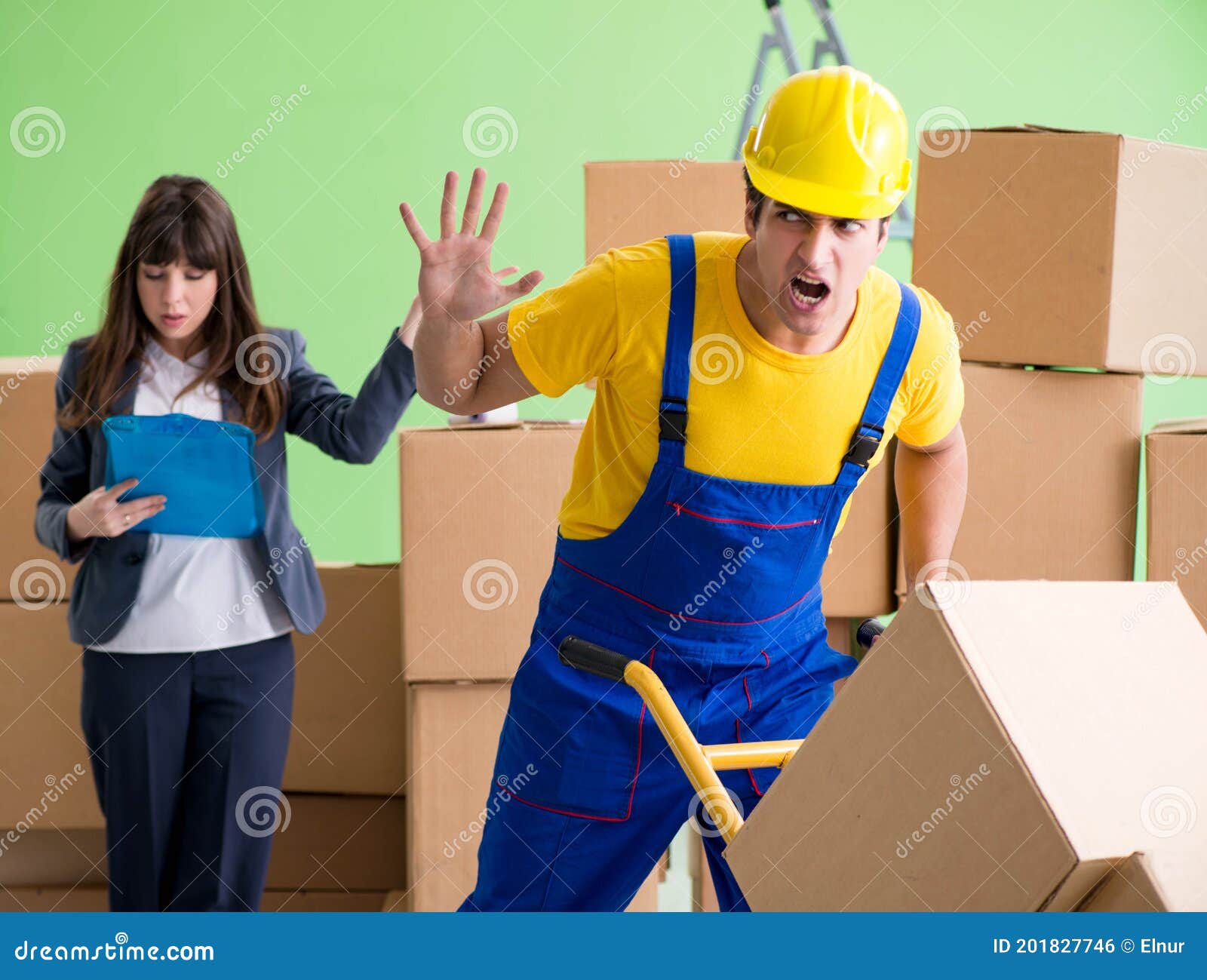 Woman Boss and Man Contractor Working with Boxes Delivery Stock Photo ...