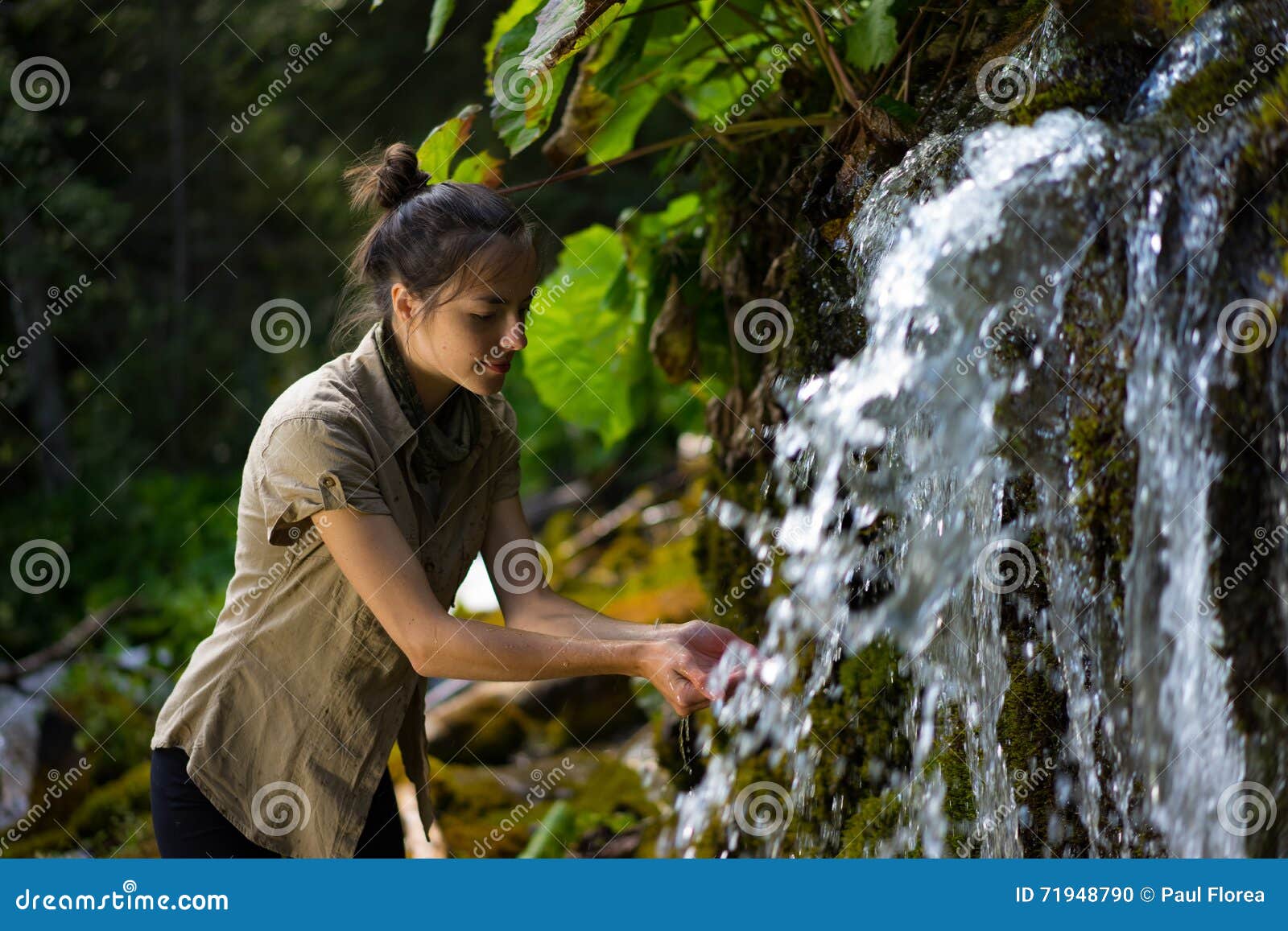 Woman with Both Hands at the Waterfall Stock Photo - Image of focus ...