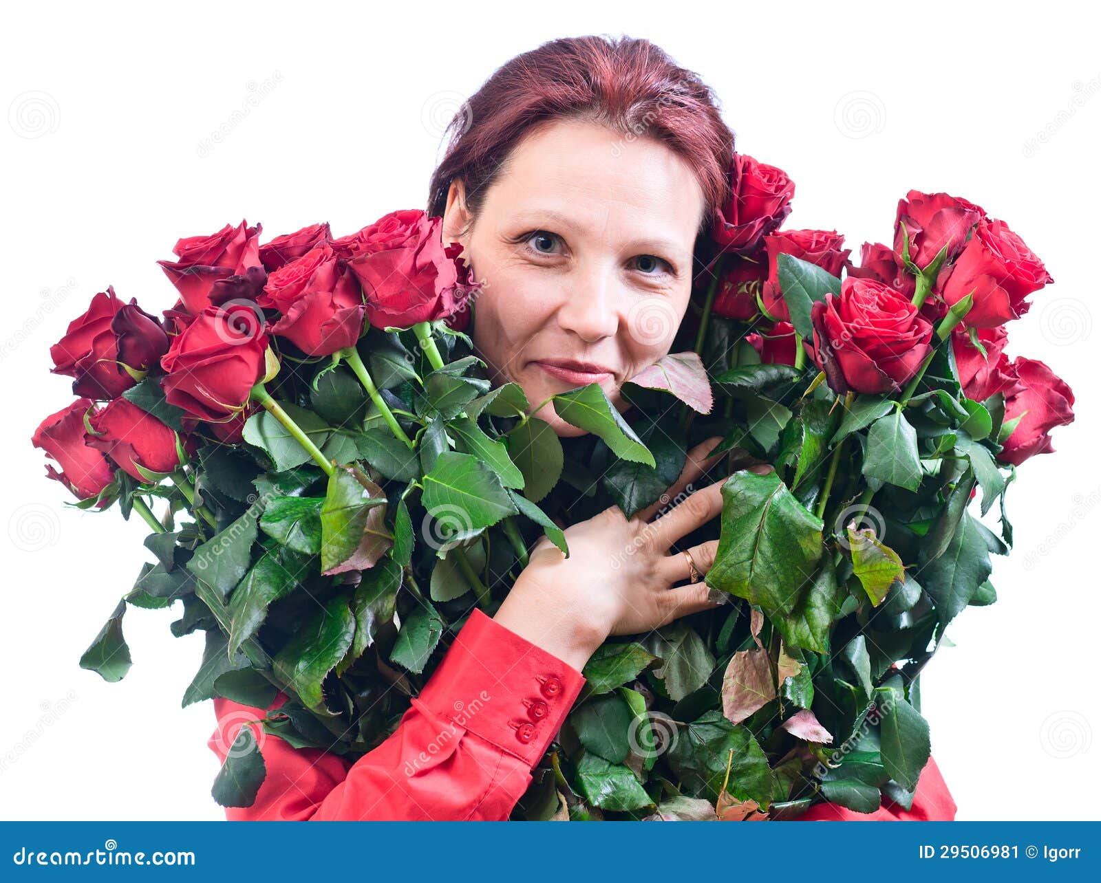 Woman with a Bouquet of Red Roses Stock Image - Image of female, adult ...
