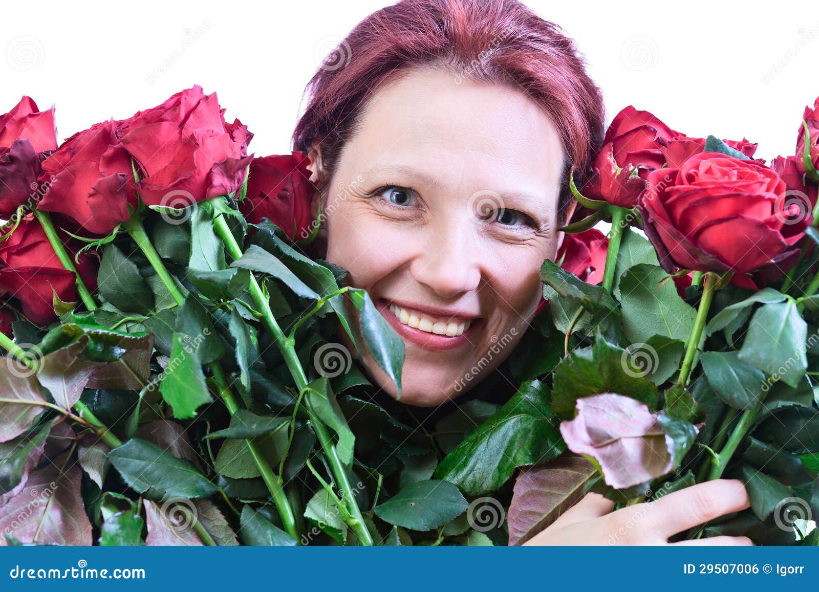 Woman with a Bouquet of Red Roses Stock Photo - Image of gorgeous ...