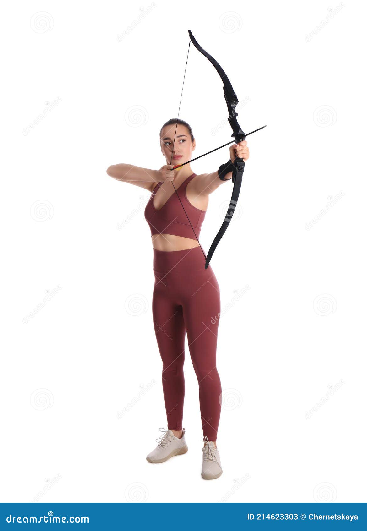 Woman with Bow and Arrow Practicing Archery on White Background Stock ...