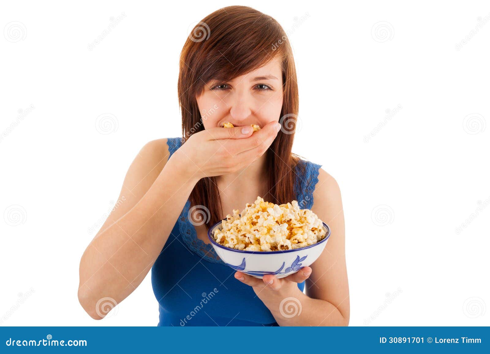The Woman with a Bowl of Popcorn Stock Image - Image of stand ...