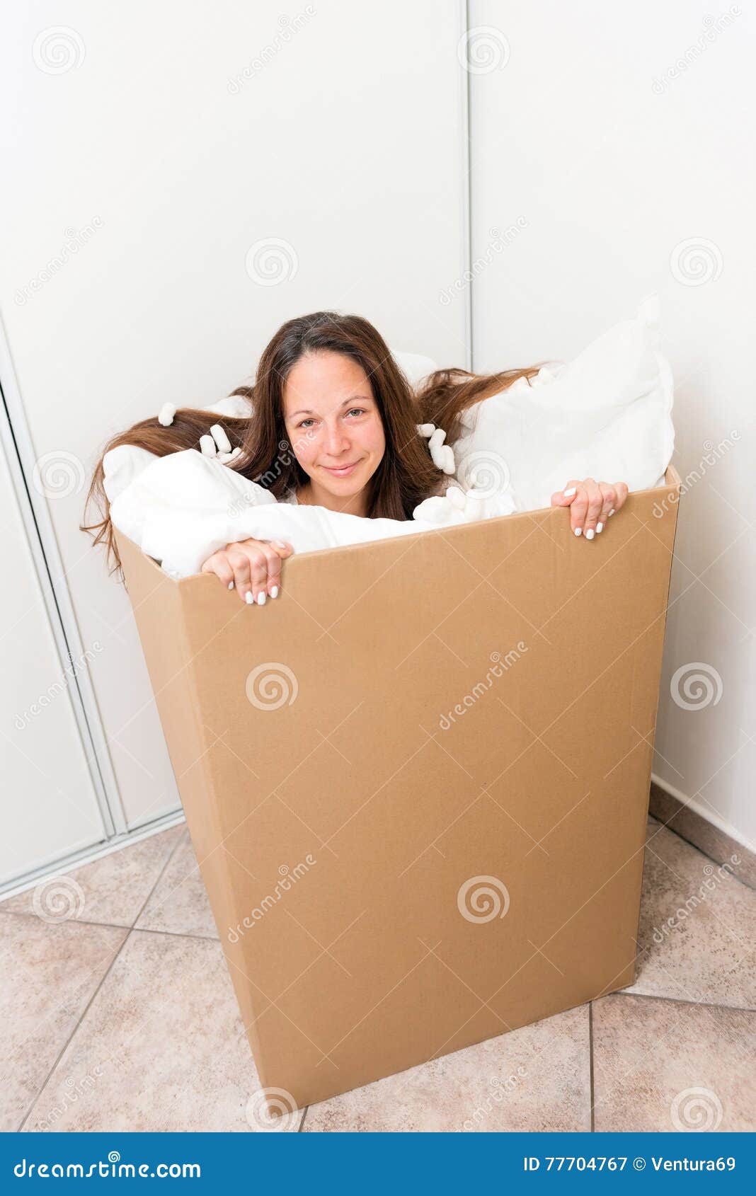 Woman in a box stock image. Image of container, home - 77704767