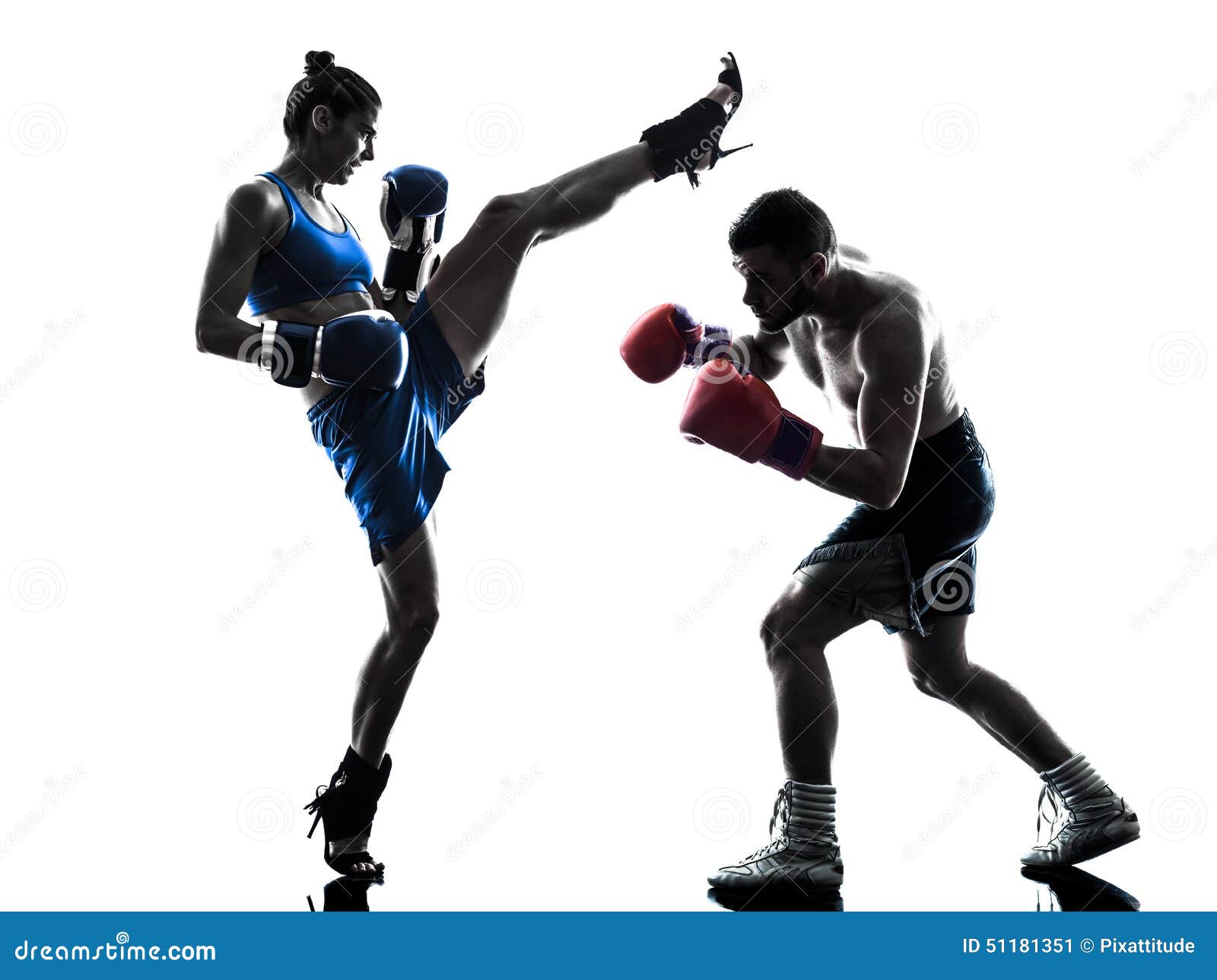 Woman Boxer Boxing Man Kickboxing Silhouette Isolated Stock Image
