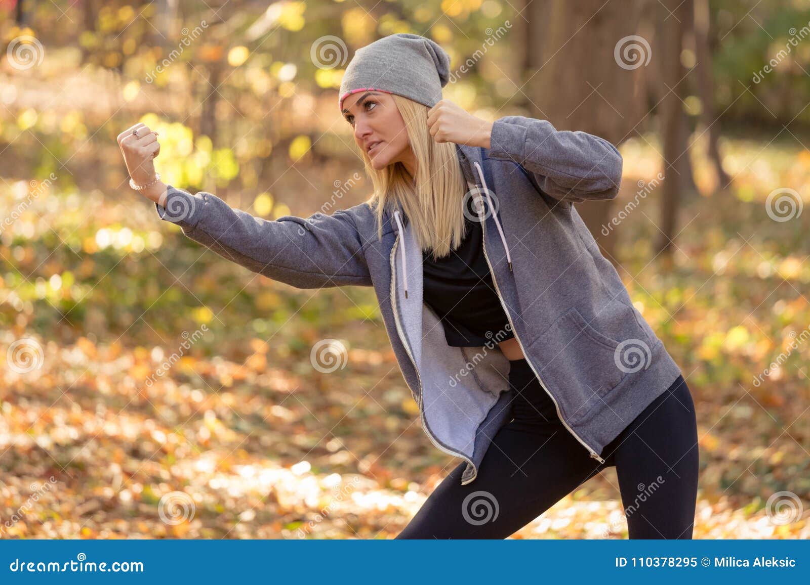 Woman in Boxing Guard Exercise in the Forest. Sport Concept Stock Image ...