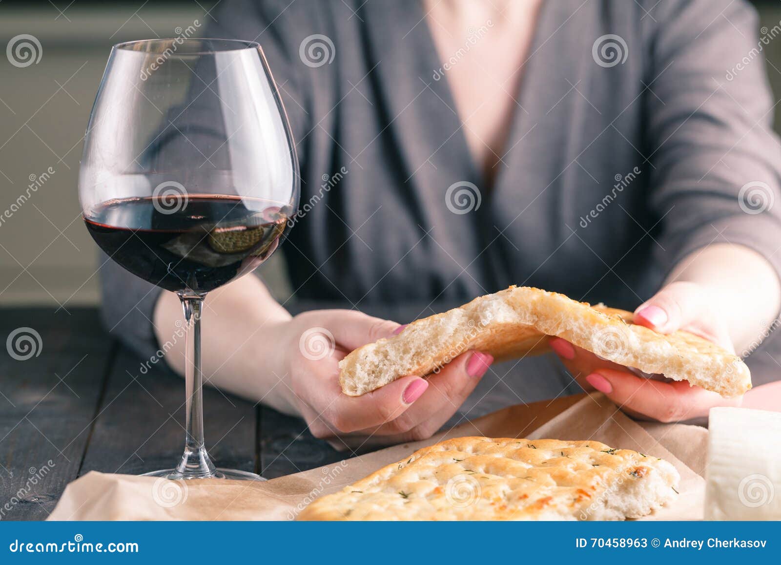 Woman Break Bread and Drinking Red Wine Stock Image - Image of fresh ...
