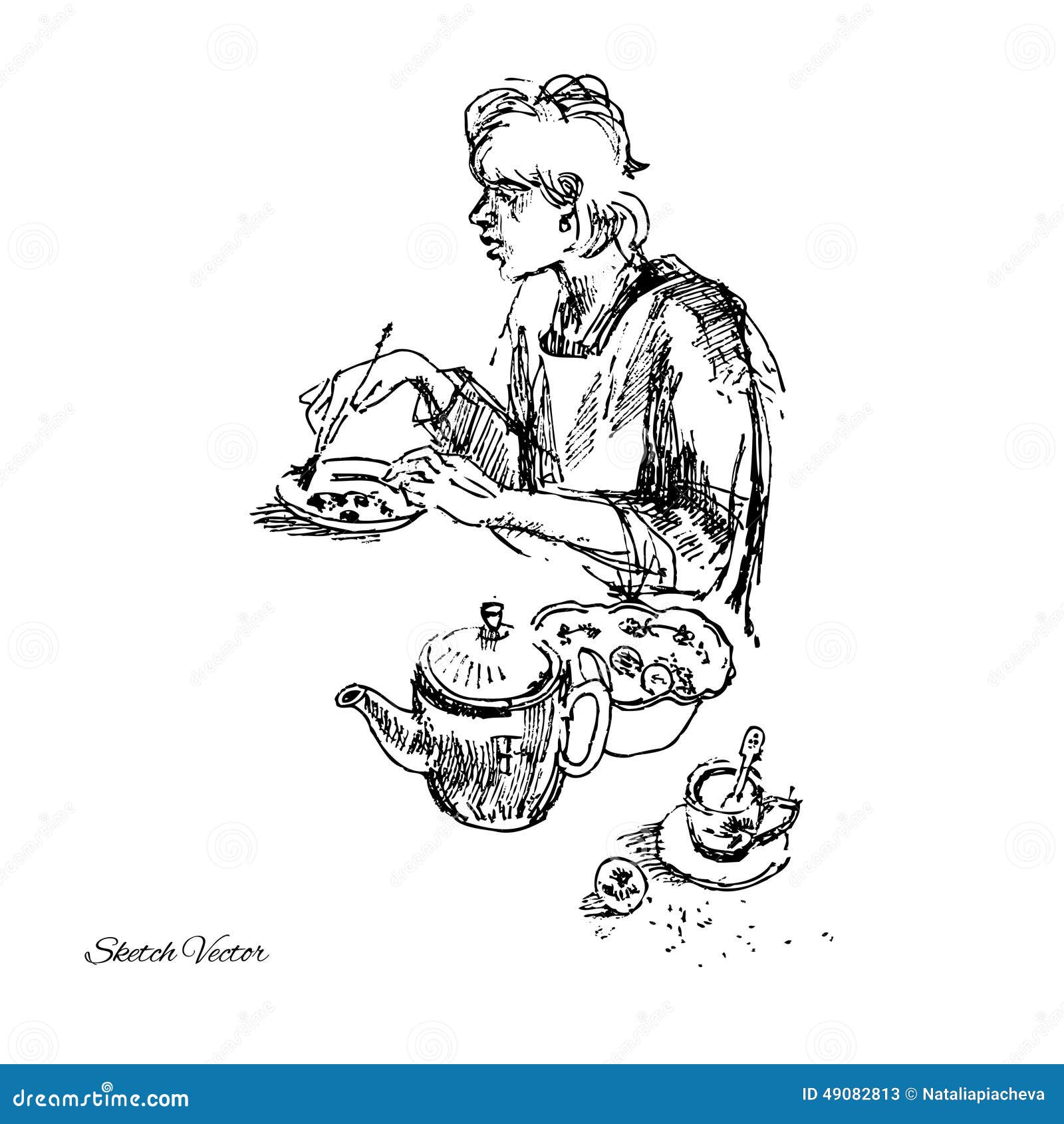 Woman at Breakfast.Sketch Drawing Stock Vector - Illustration of ...