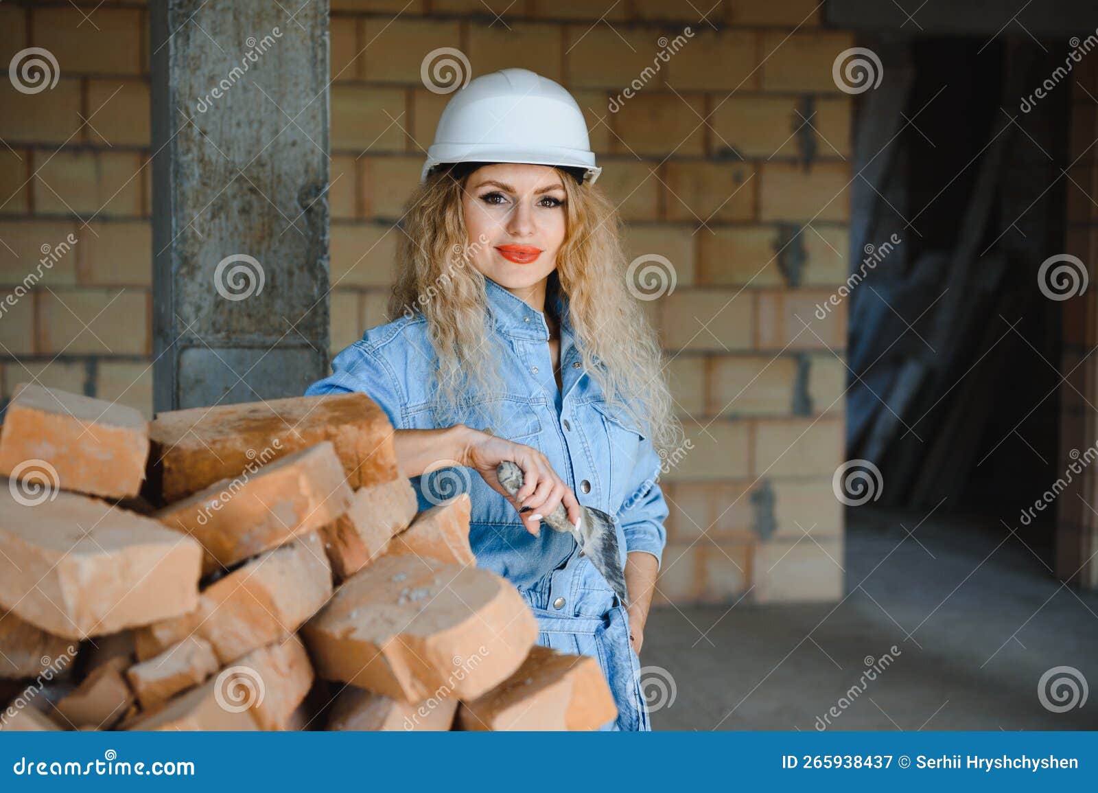 Woman with Brick in Construction Concept Stock Image - Image of house ...