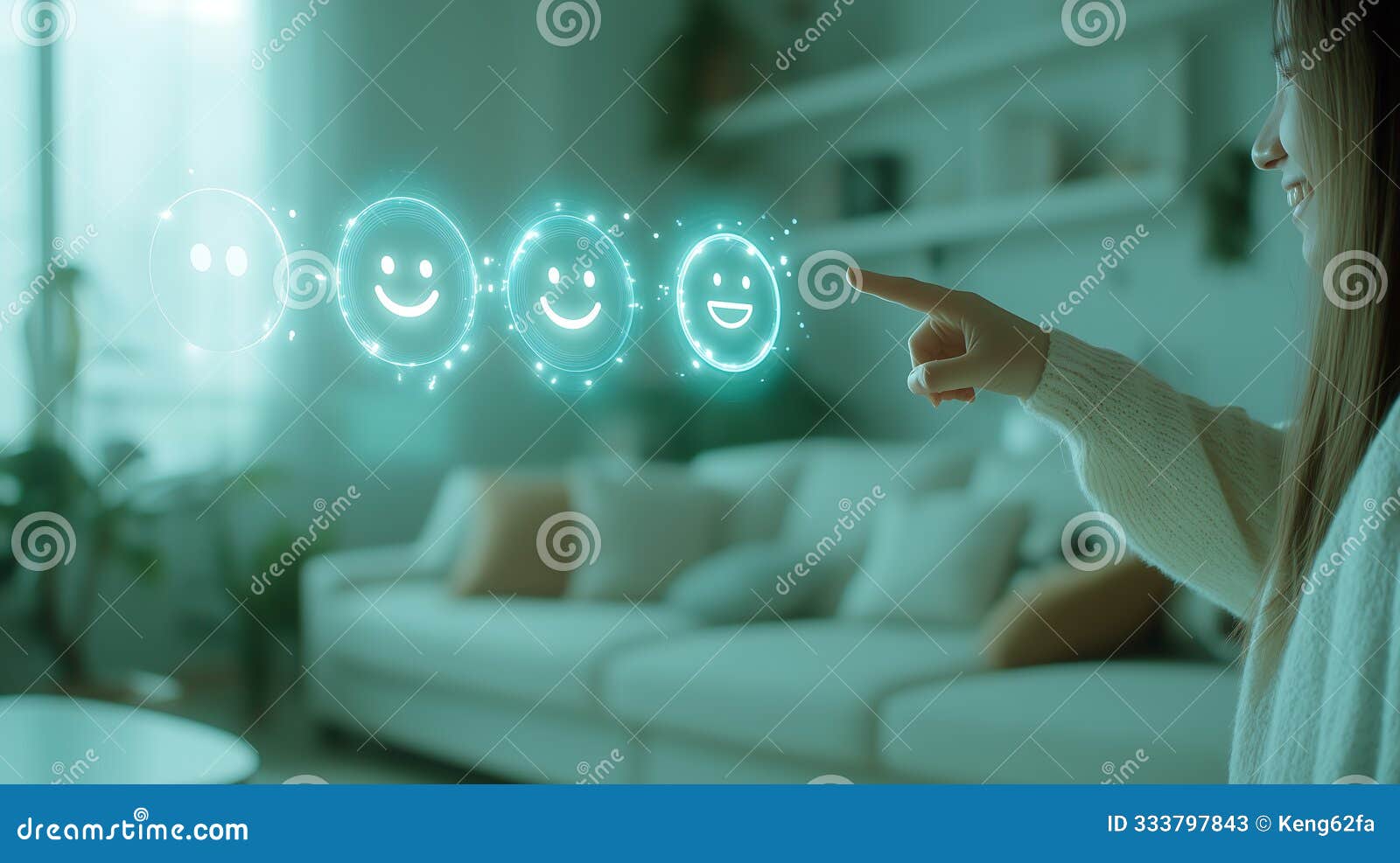 Woman Interacting with Glowing Smiling Faces on a Virtual Feedback ...