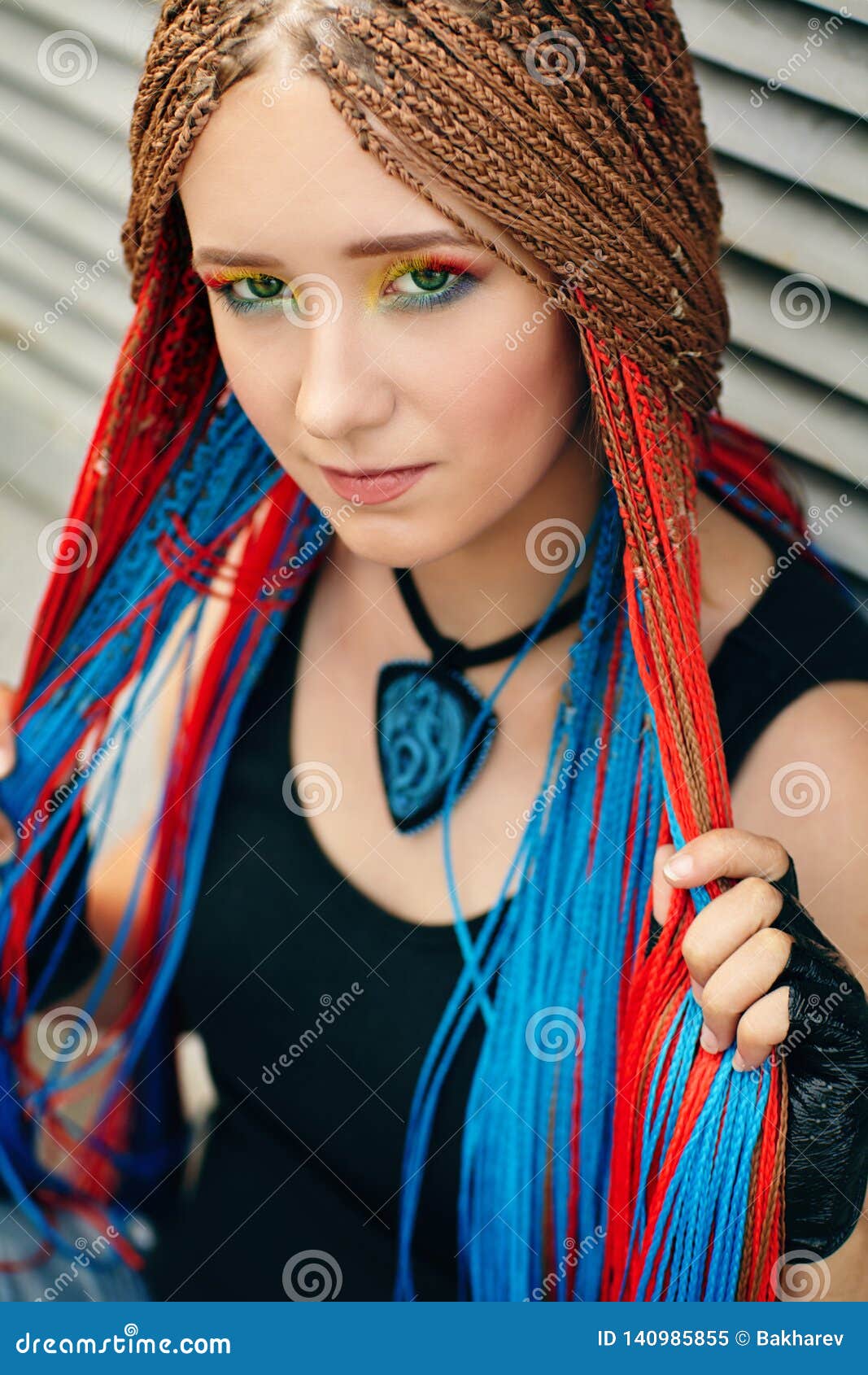 Woman with Bright Makeup and Colored Cornrows Stock Image - Image of ...