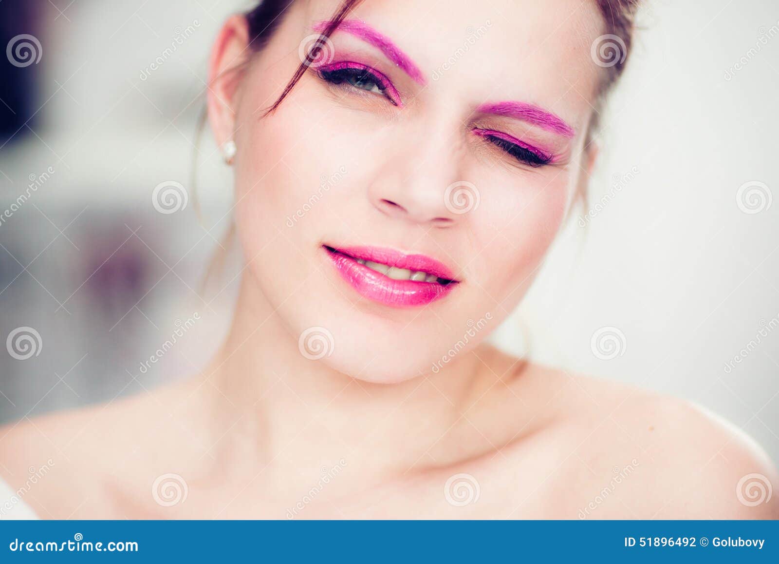 The Woman with a Bright Pink Make-up Winks. Stock Photo - Image of head ...