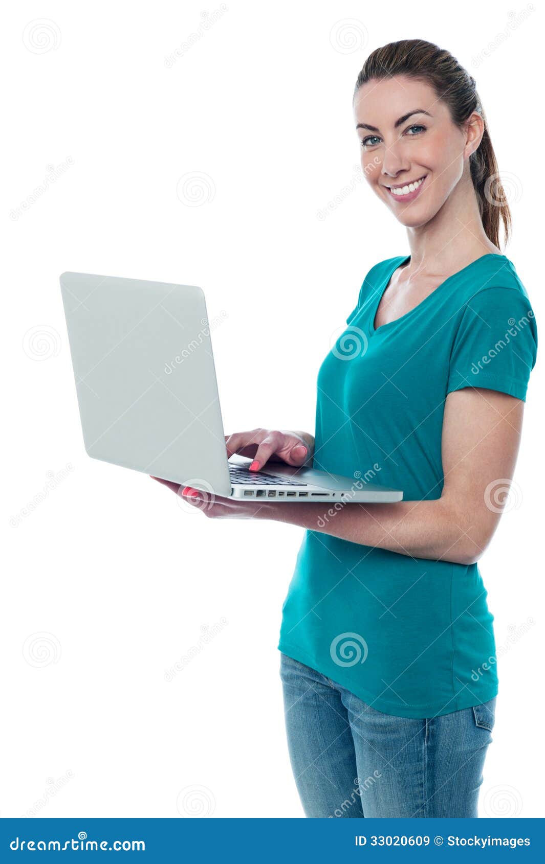 Woman with a Bright Smile, Using Laptop Stock Image - Image of happy ...