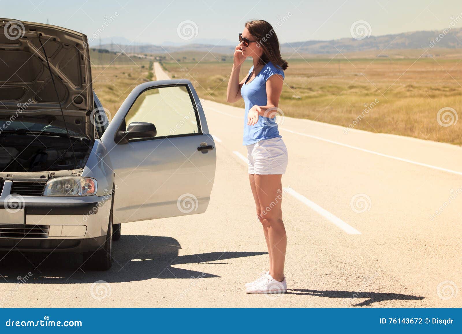 Woman with Broken Car on the Road Calling for Help Stock Photo - Image ...