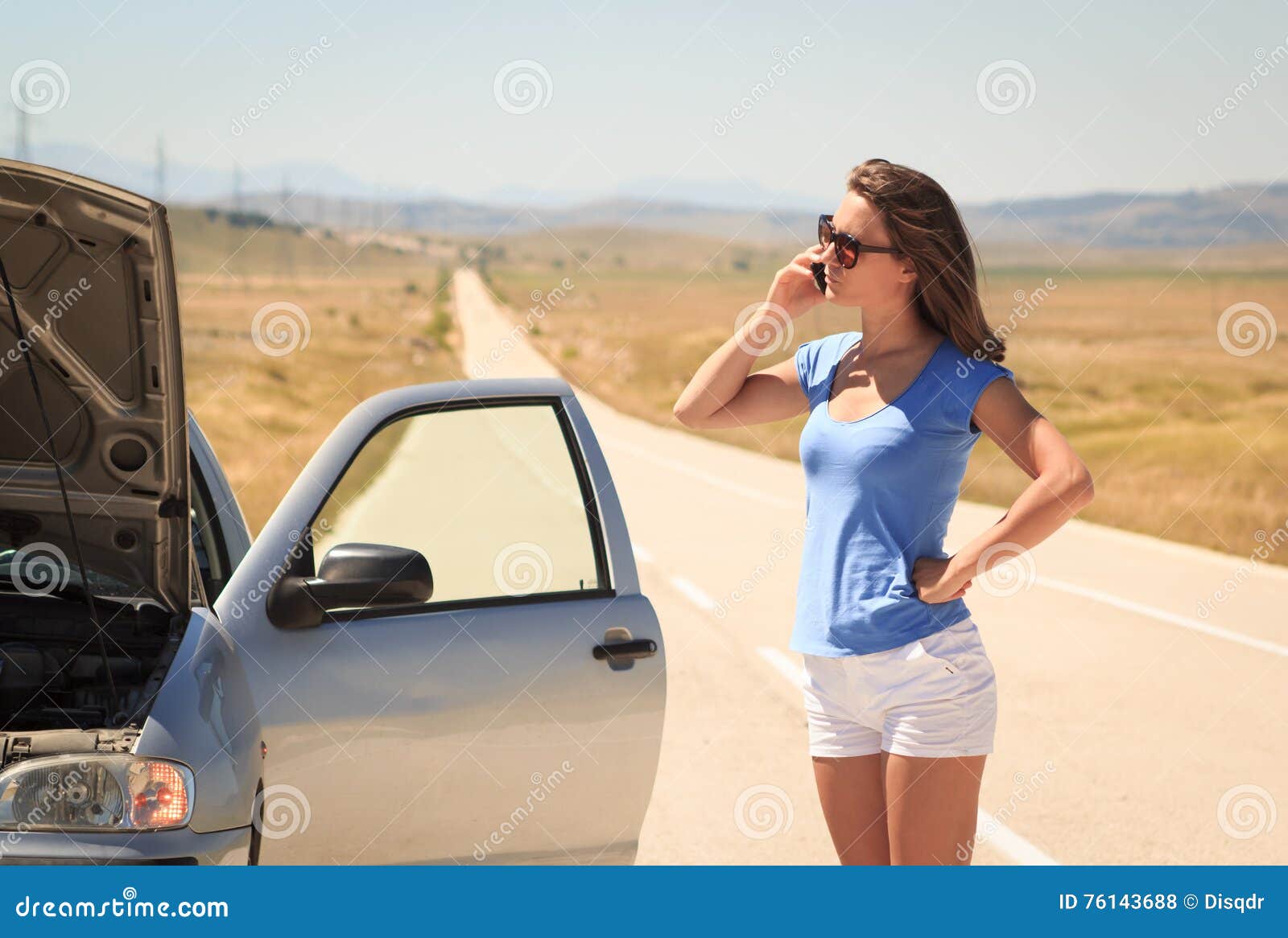 Woman with Broken Car on the Road Calling for Help Stock Photo - Image ...