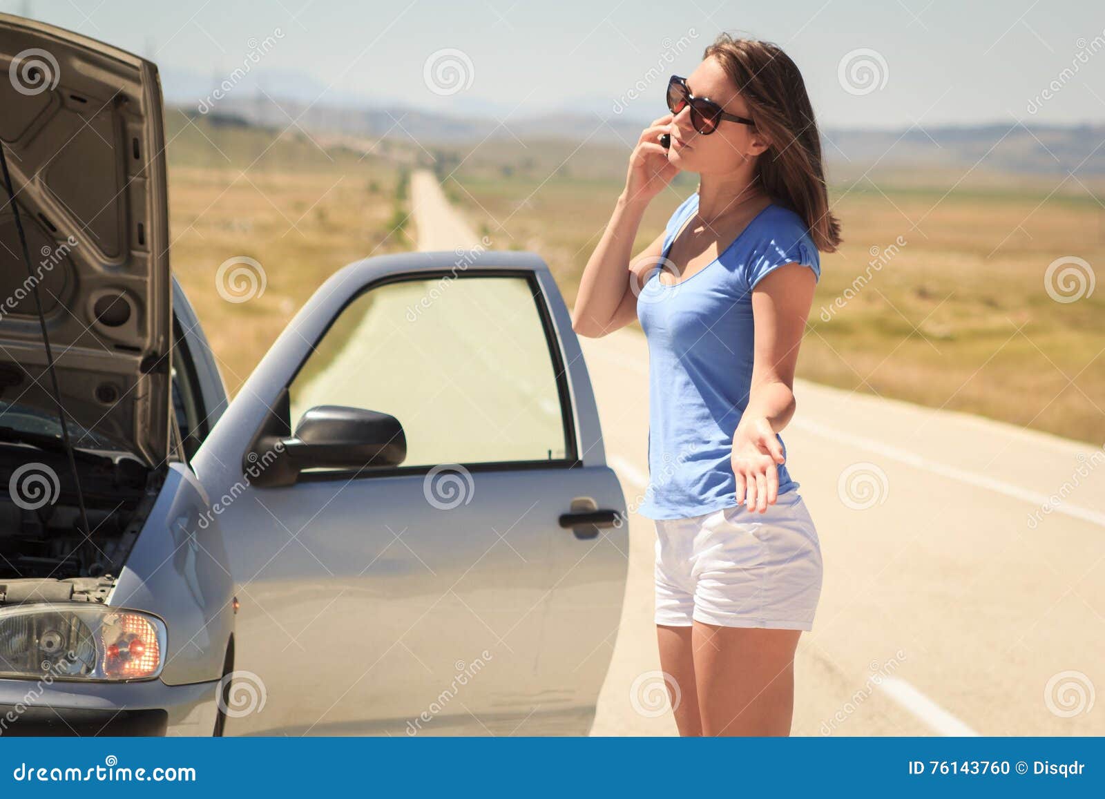 Woman with Broken Car on the Road Calling for Help Stock Photo - Image ...