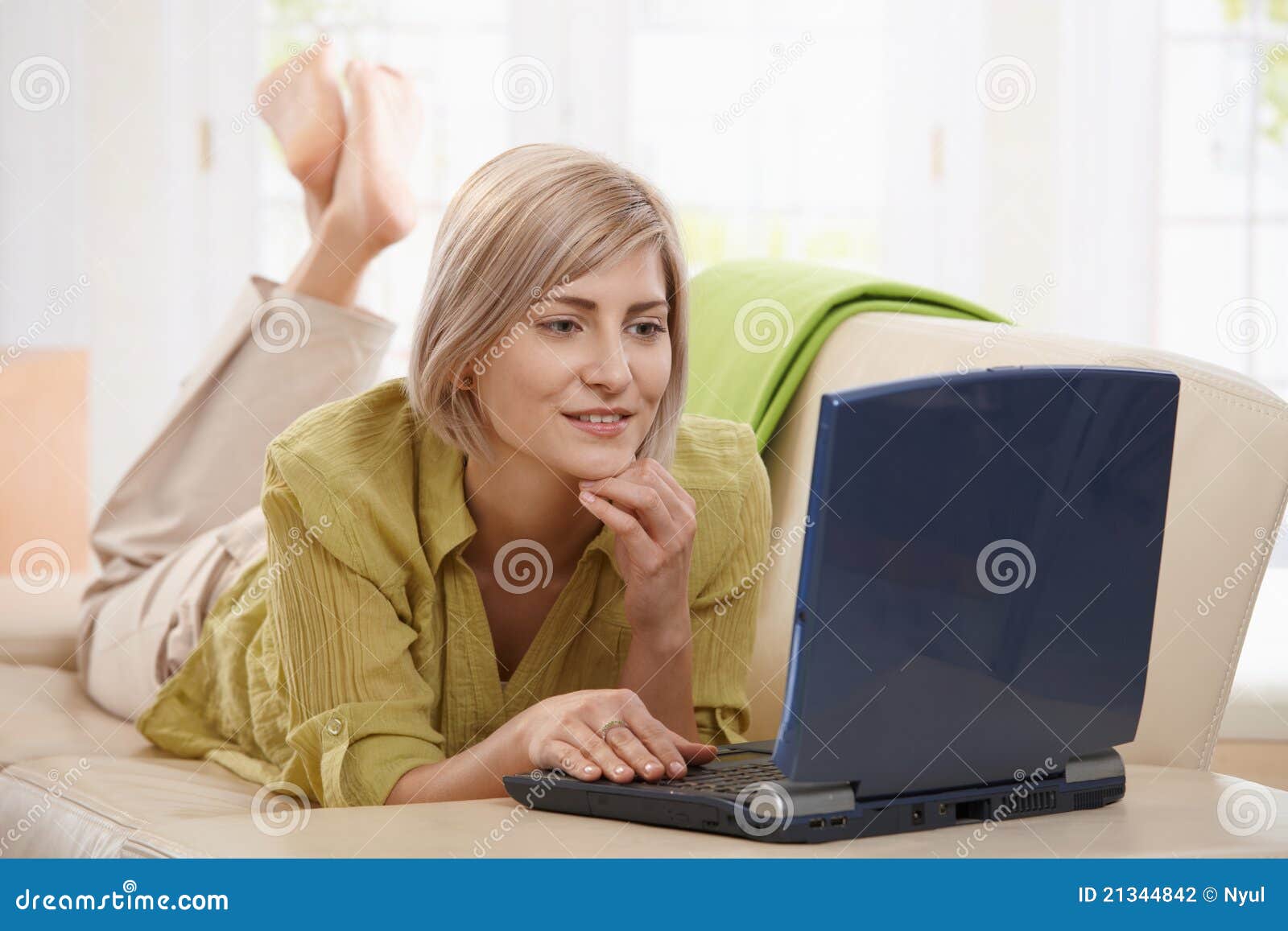 Woman Browsing Internet at Home Stock Photo - Image of female, belly ...