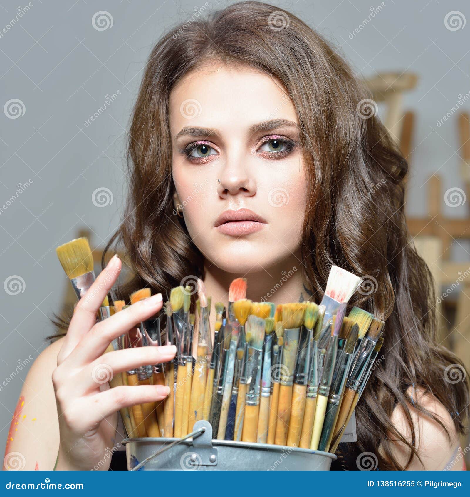 Woman with Brushes Painting at Art Studio Stock Image - Image of easel ... Woman with Brushes Painting at Art Studio Stock Image - Image of easel ...