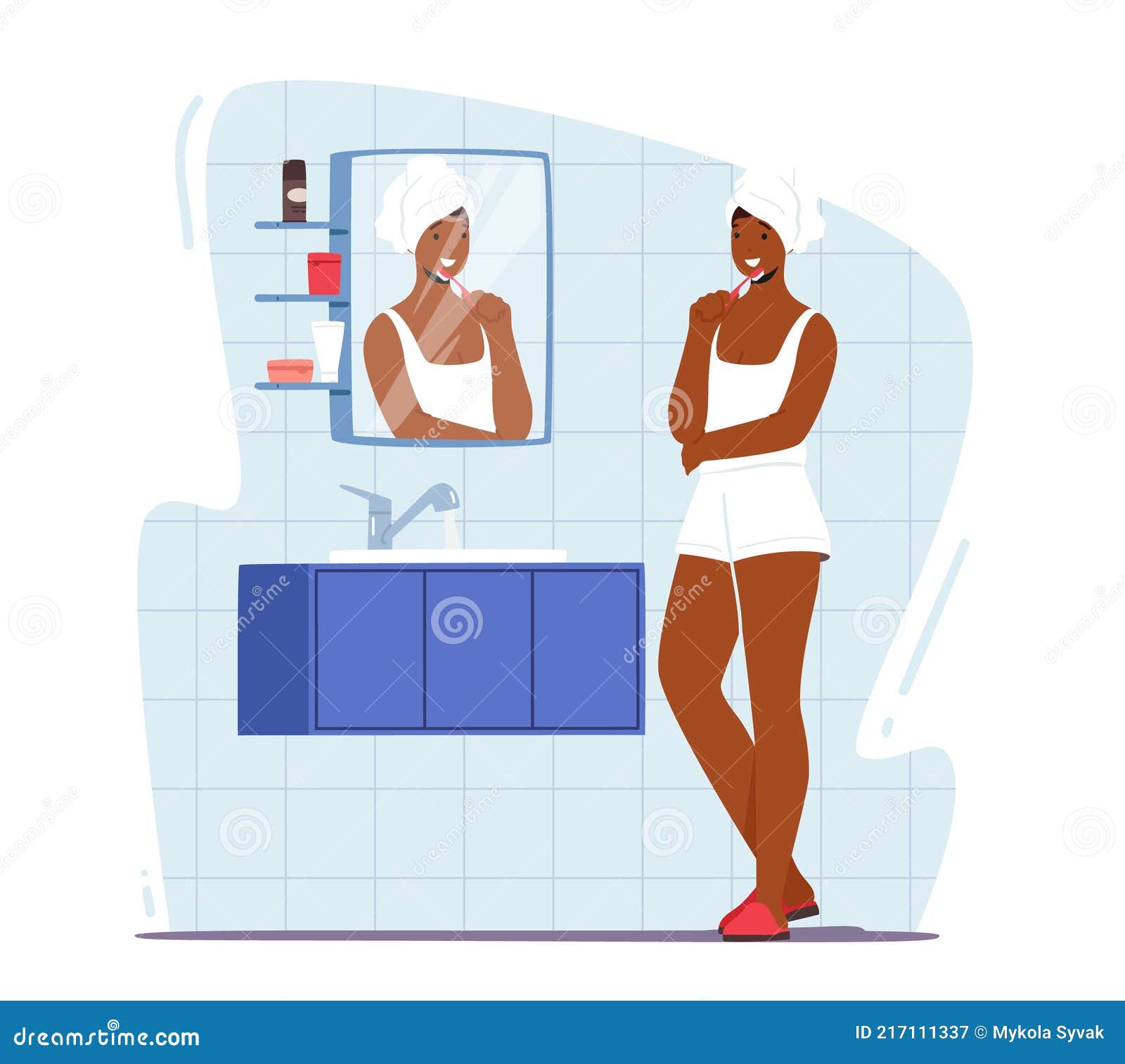 Woman Brushing Teeth Female Character Hygiene Procedure In Bathroom