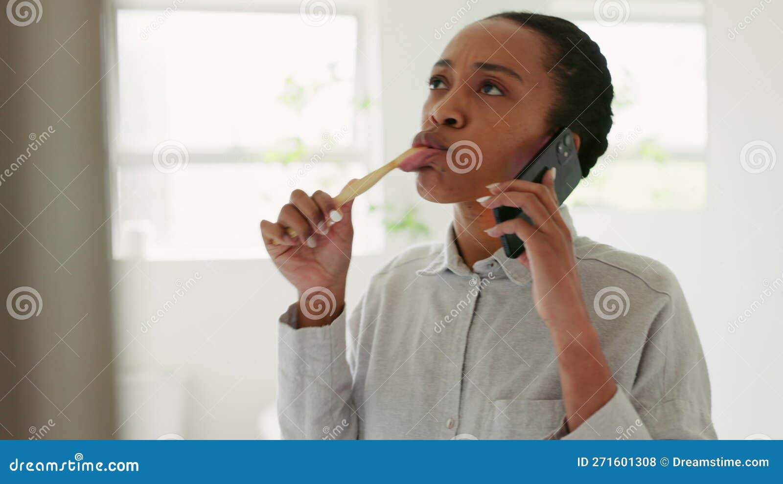 Woman Brushing Teeth, Talking and on the Phone in the Morning, Getting ...