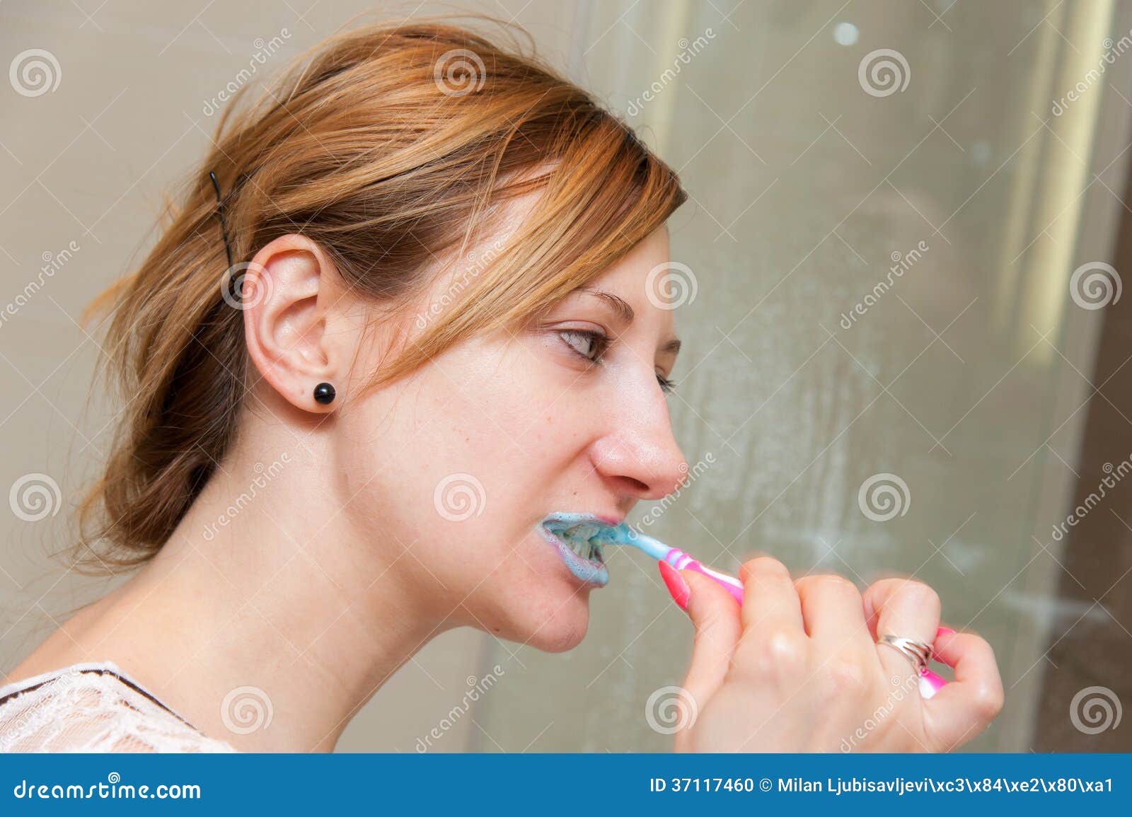 Woman Brushing Teeth stock photo. Image of brush, bathroom - 37117460