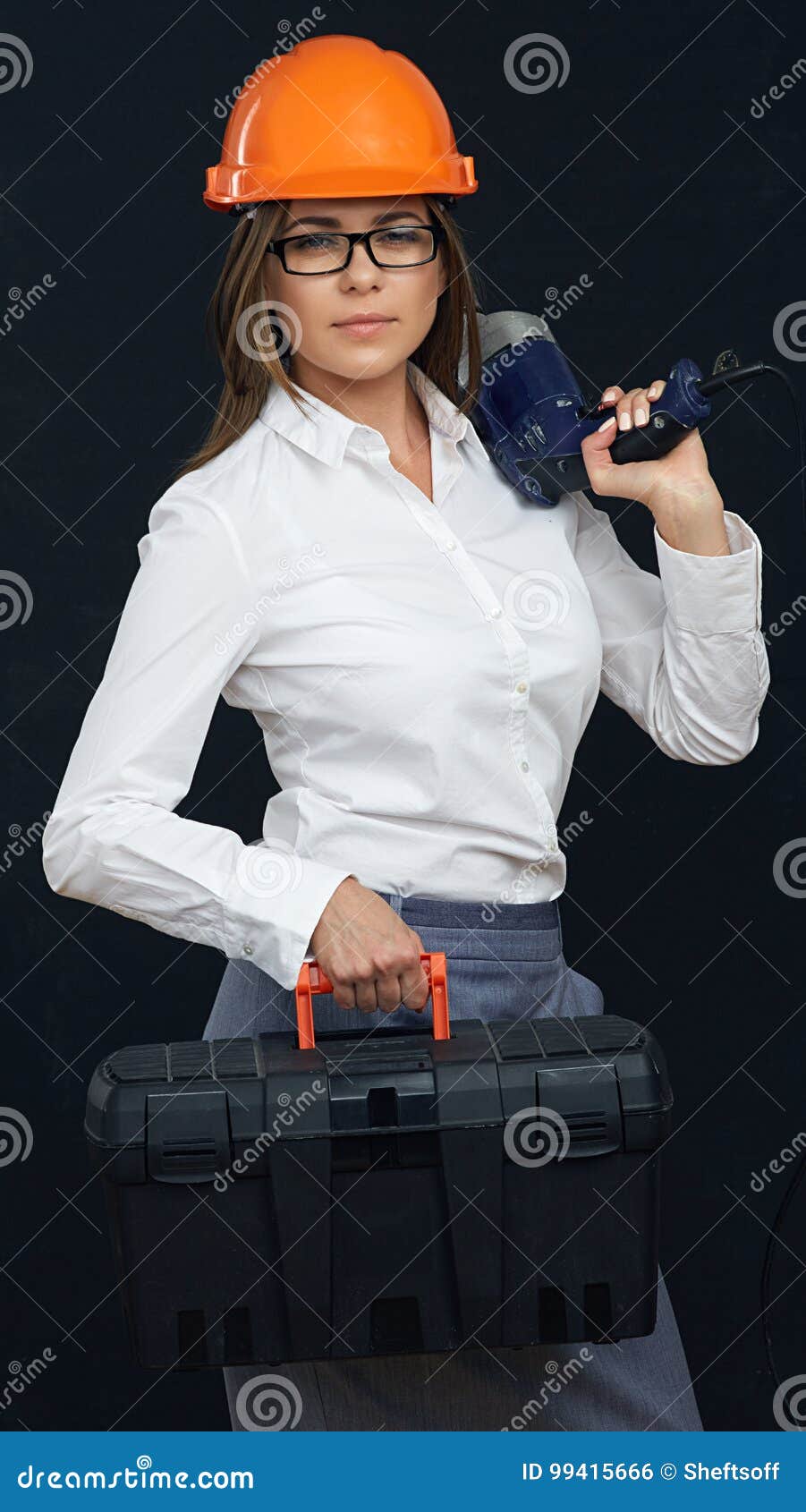 Woman Builder with Box Tools Holding Drill on Shoulder. Stock Photo ...