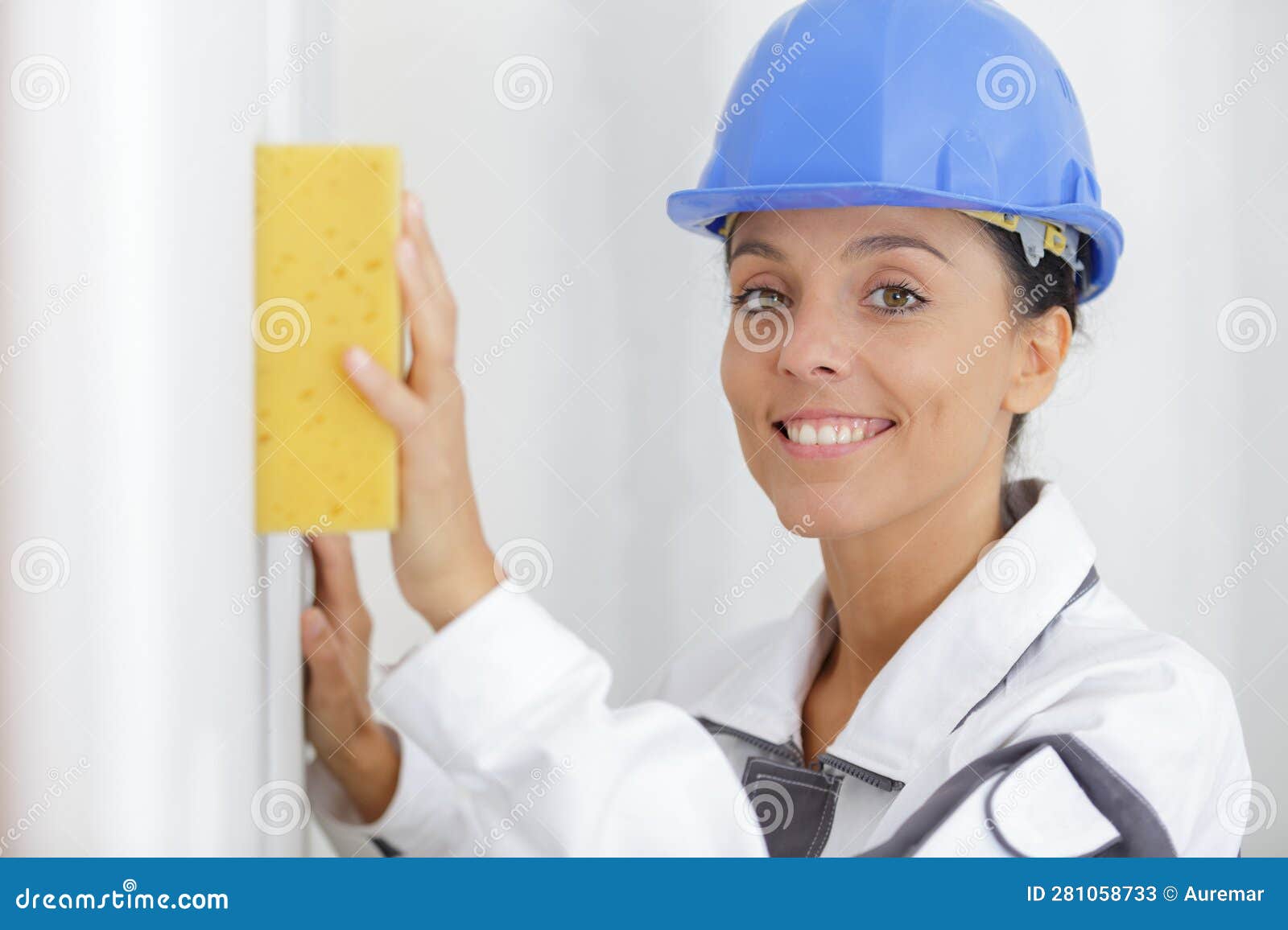 Woman Builder Cleaning Wall Stock Image - Image of equality, manual ...