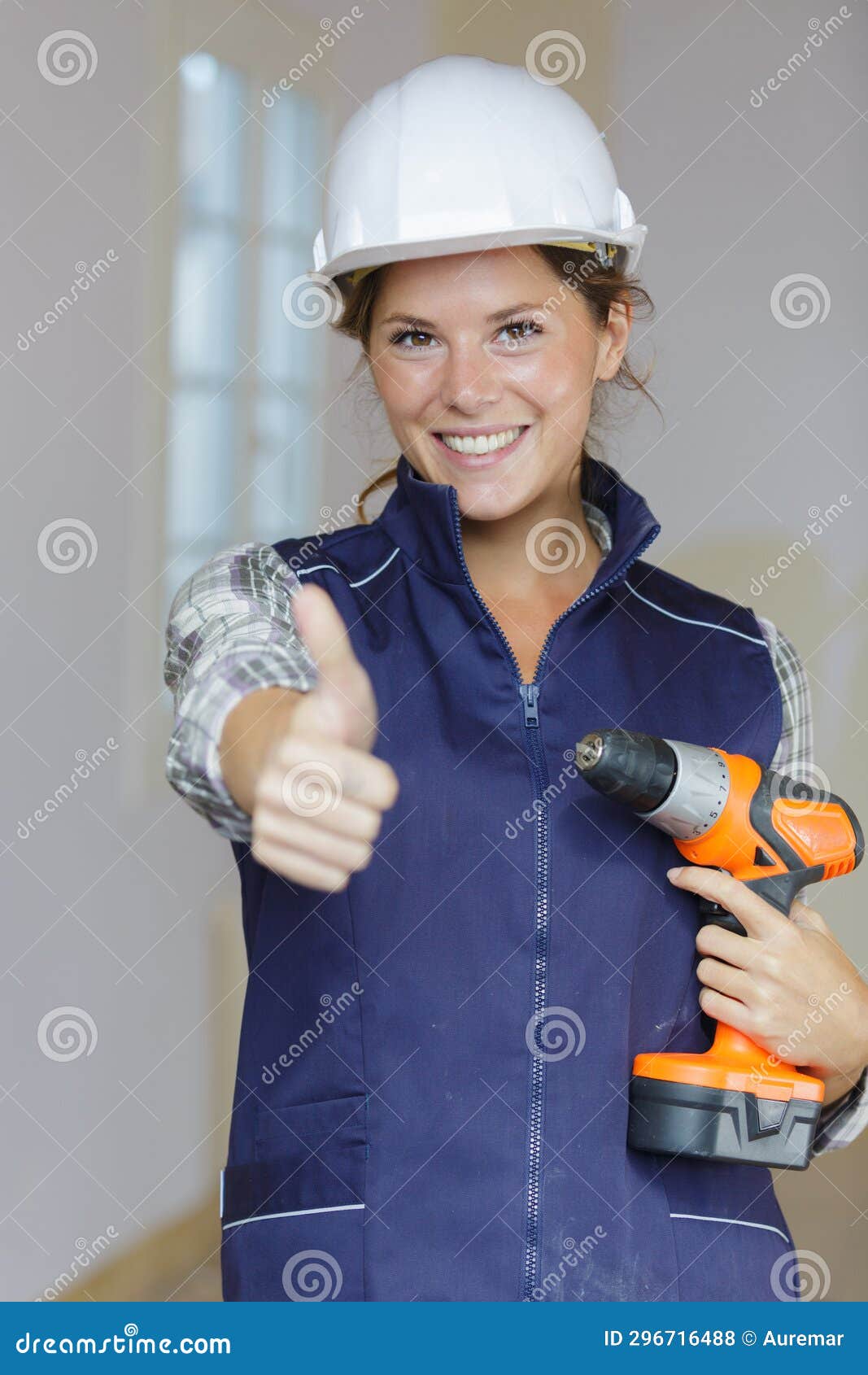 Woman Builder with Drill Tool Shows Thumb Up Stock Photo - Image of ...