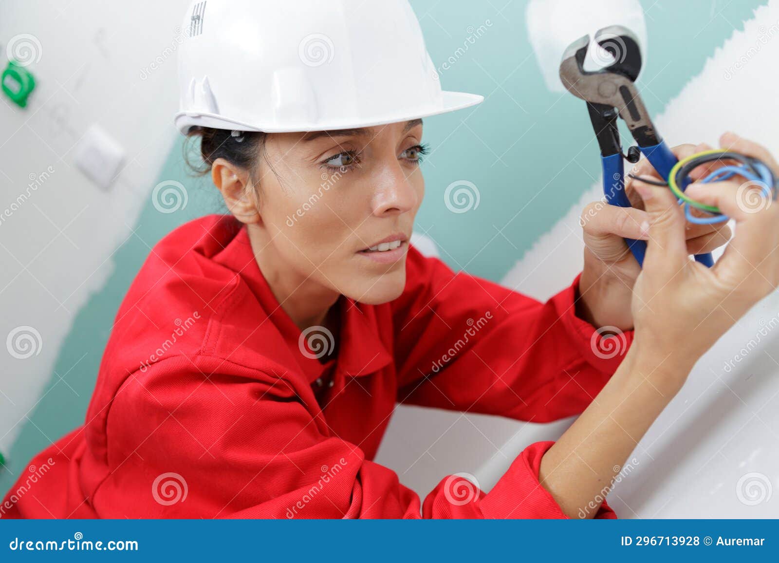 Woman Builder Fixing Wall Cables Stock Photo - Image of adult, camera ...
