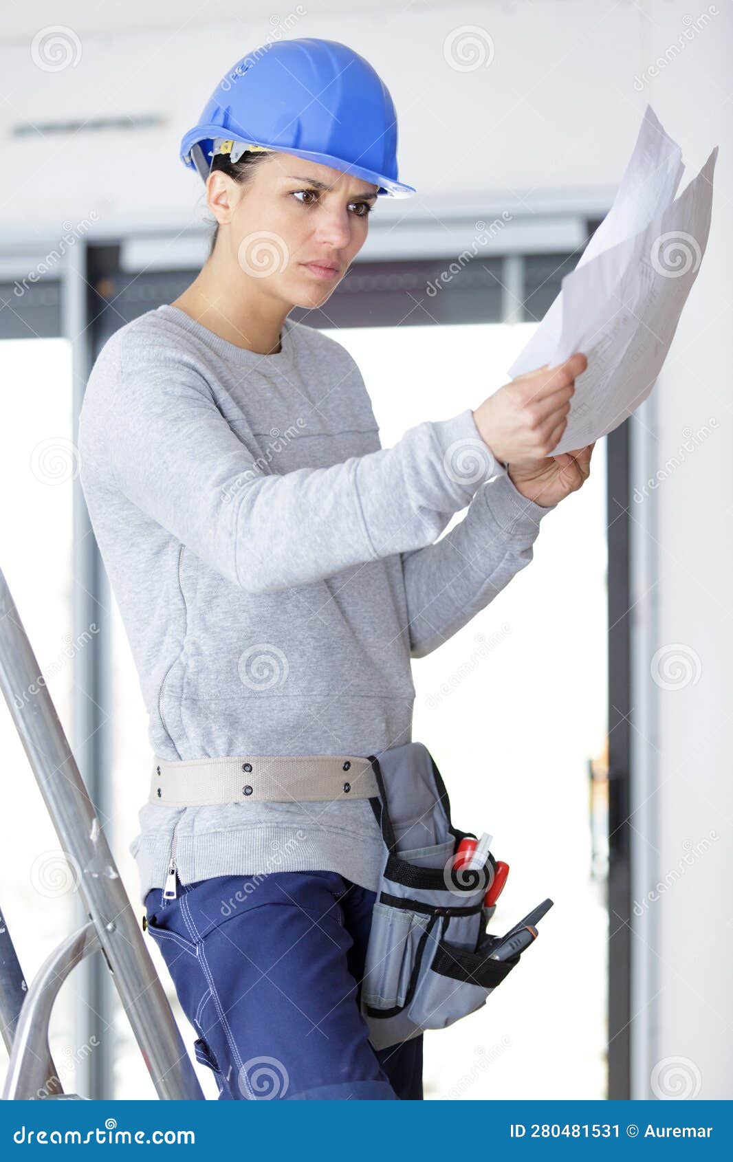 Woman Builder Reading Apartments Plan Stock Image - Image of design ...