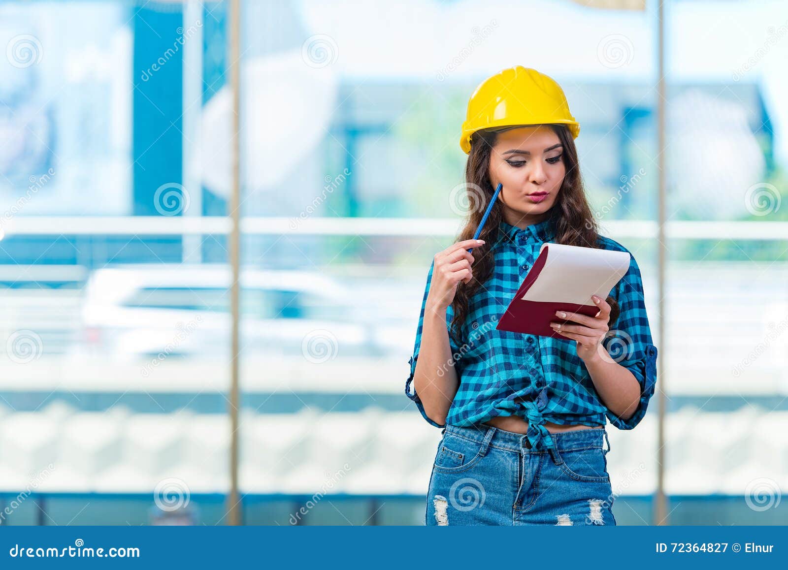 The Woman Builder Taking Notes at Construction Site Stock Image - Image ...