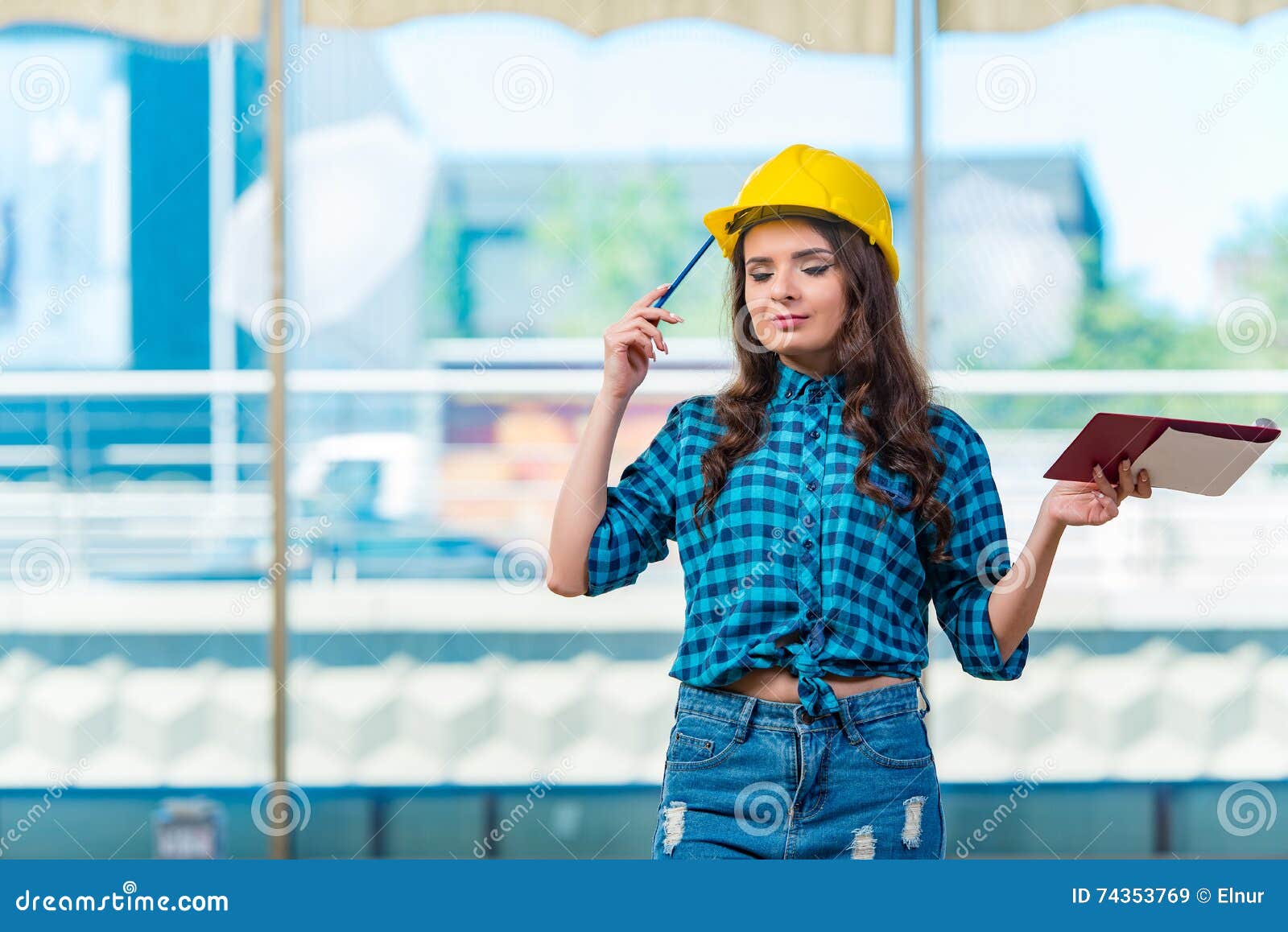 The Woman Builder Taking Notes at Construction Site Stock Image - Image ...