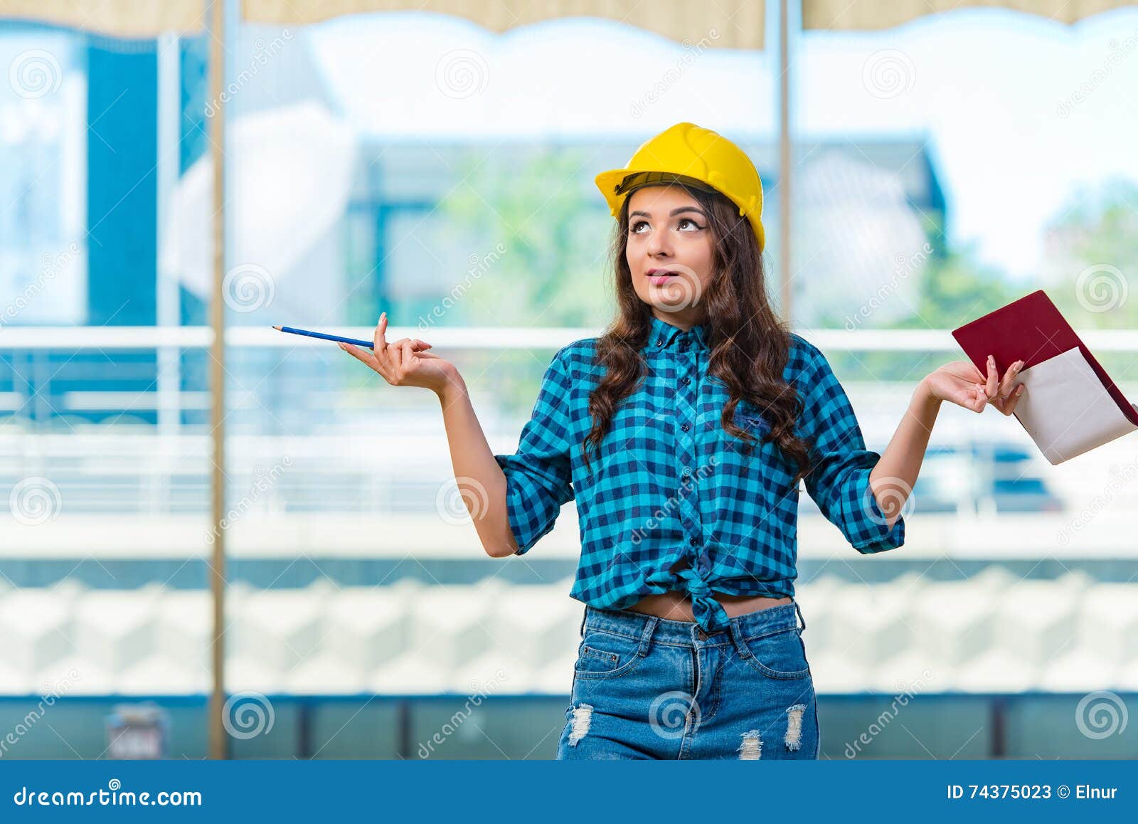 The Woman Builder Taking Notes at Construction Site Stock Image - Image ...