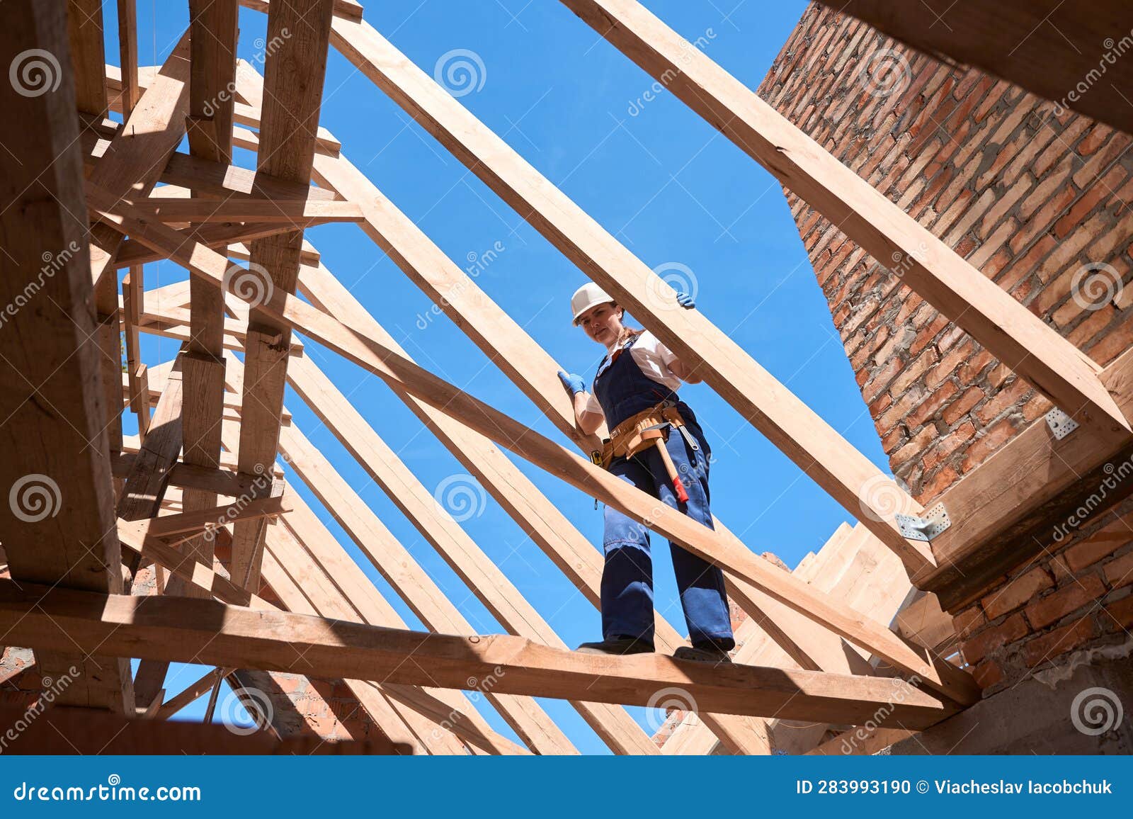 Woman Building Engineer Walking on Supporting Beams of Ceiling ...