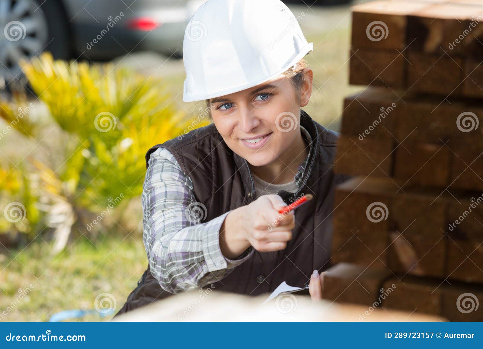 Woman in Building Helmet Look Project Stock Image - Image of ...