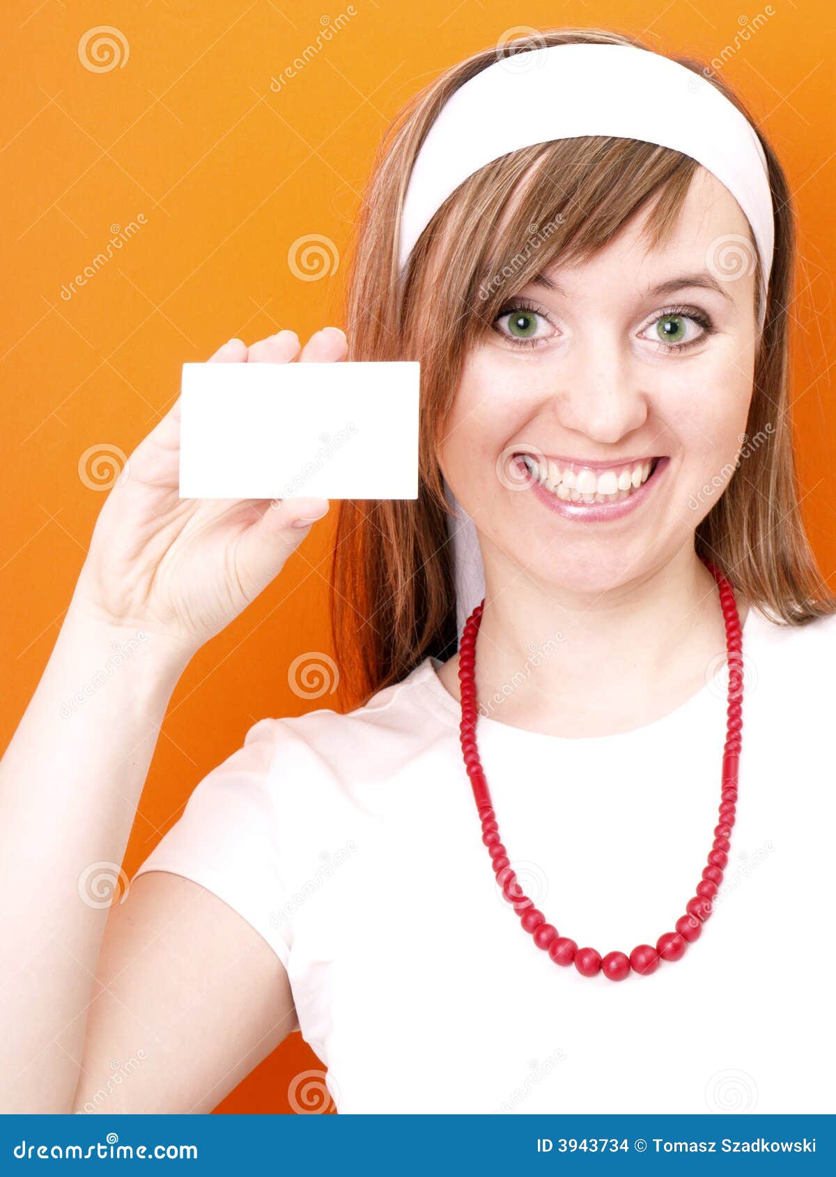 Woman with business card stock photo. Image of success - 3943734