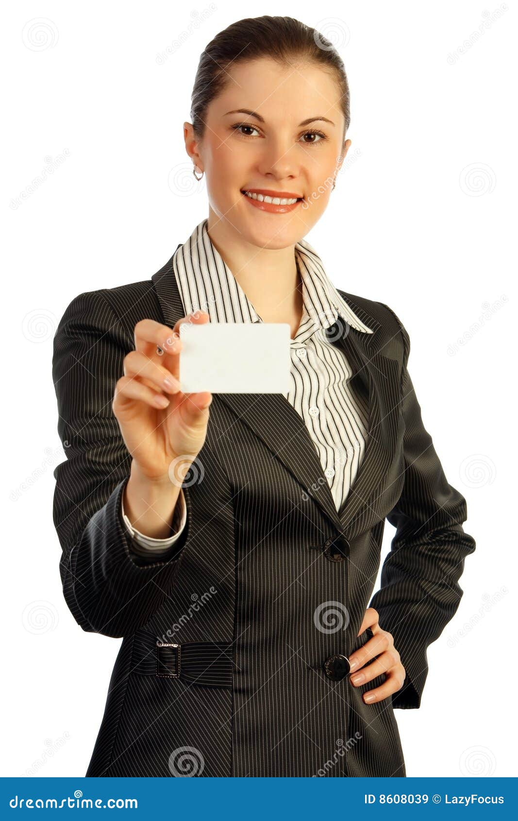 Woman with a Business Card. Isolated on Whit Stock Image - Image of ...