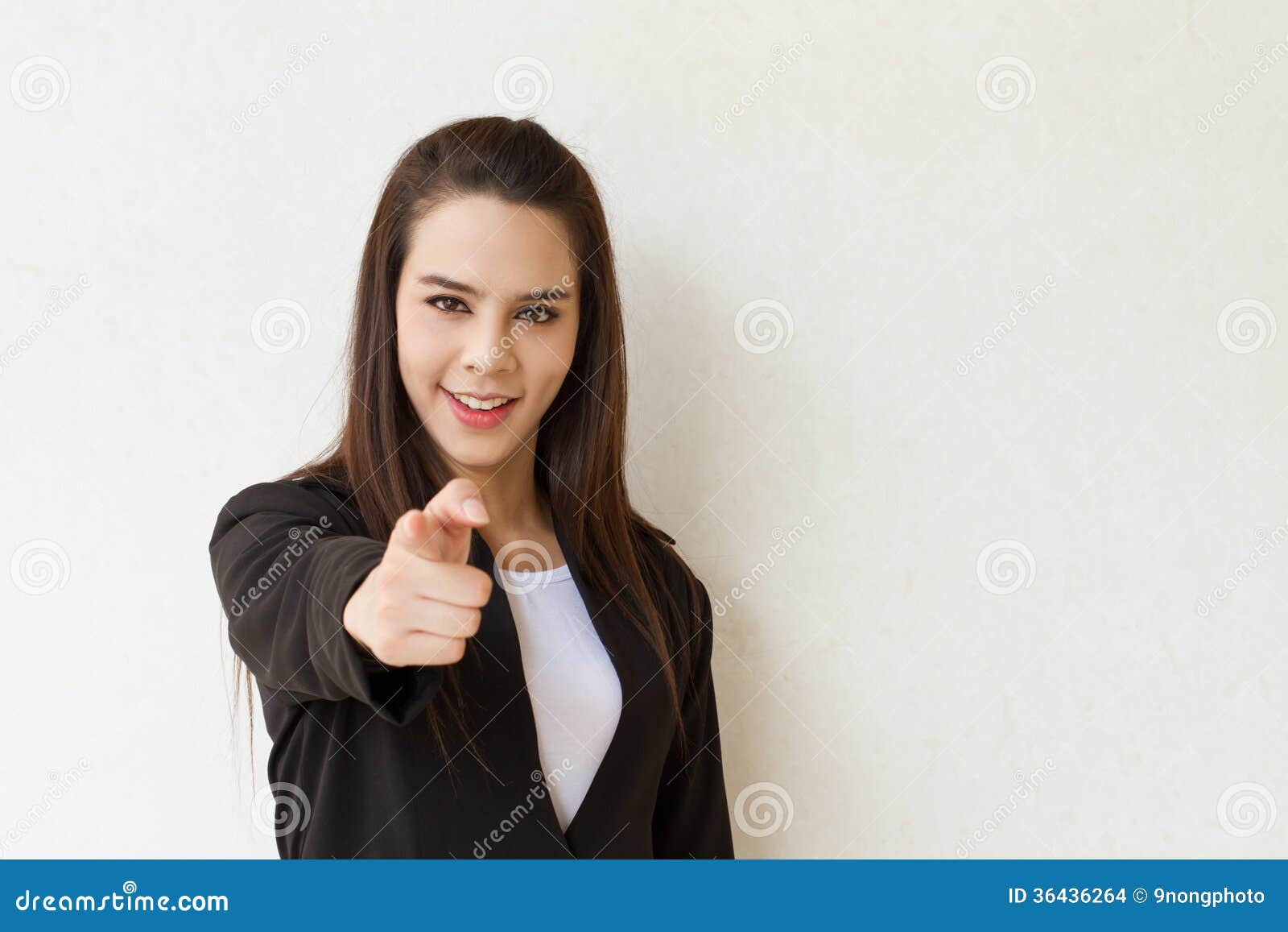 Woman in Business Suit Hand Pointing Forward with Text Space Stock ...