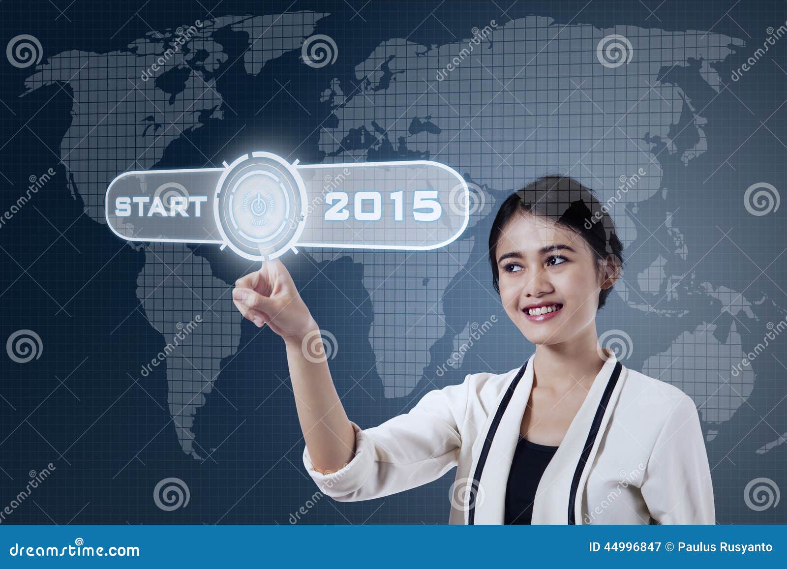 Woman with Button To Start the Future Stock Image - Image of happy ...
