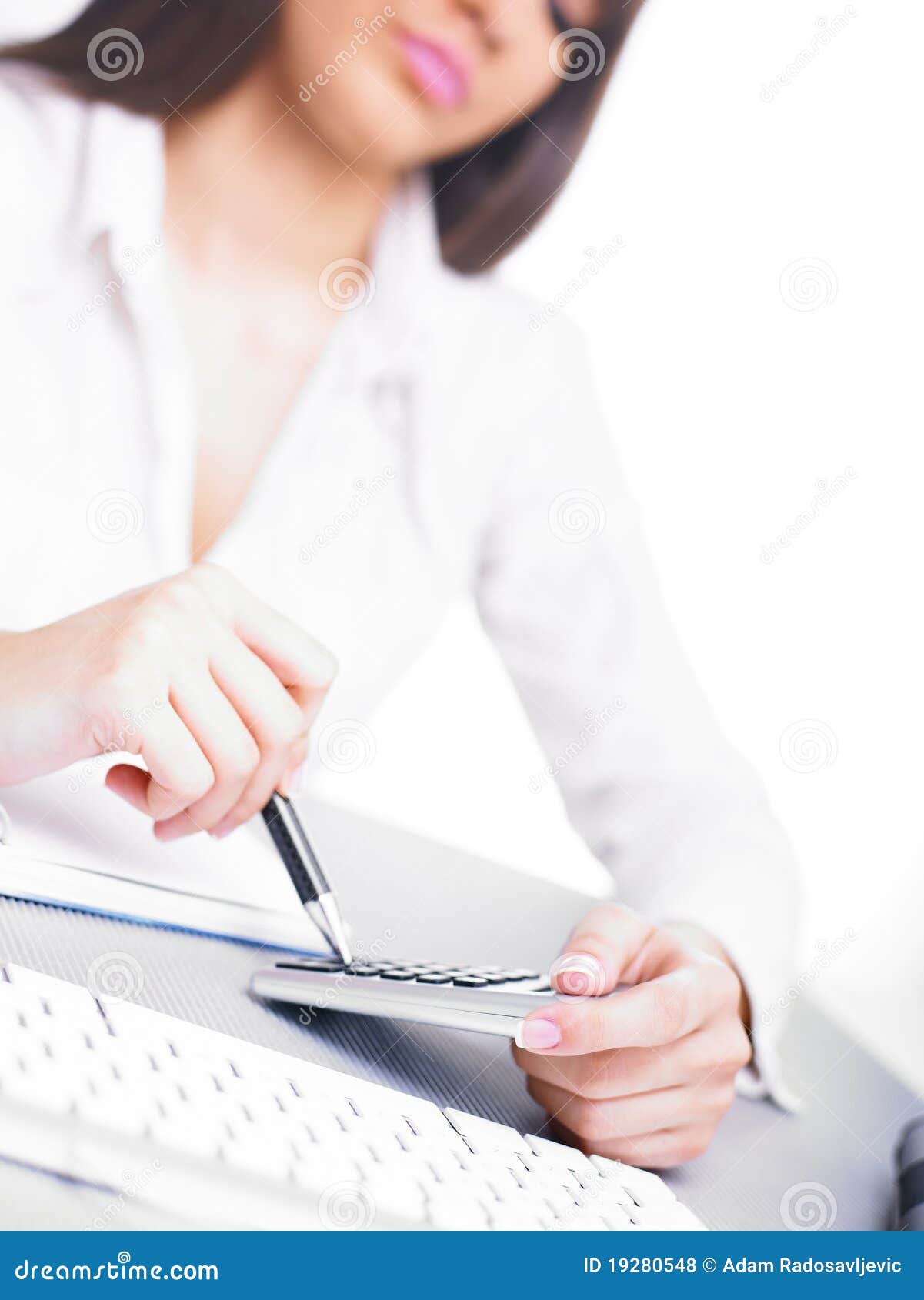 Woman Calculating with Calculator and Pencil Stock Photo - Image of ...
