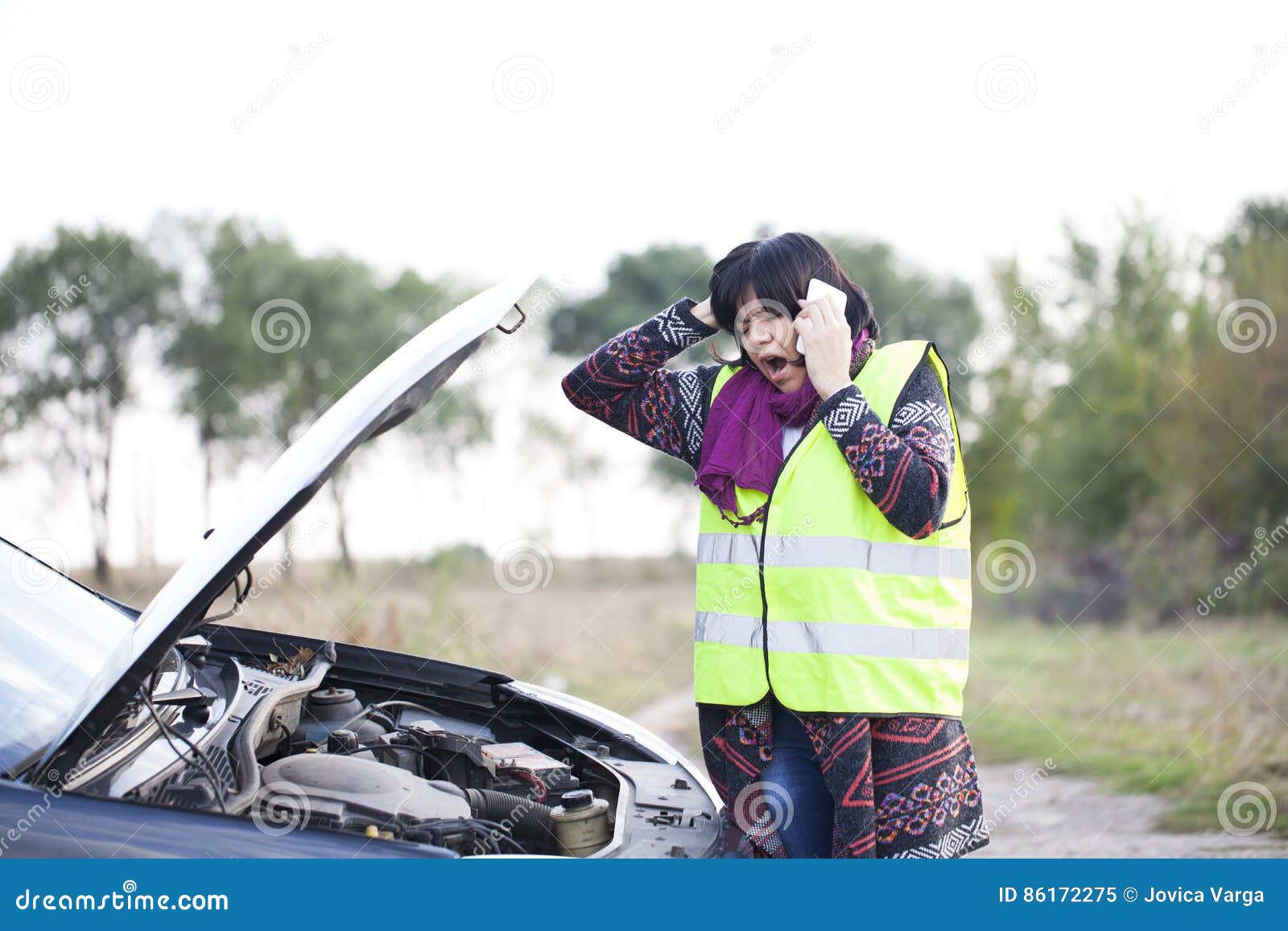 Woman Call for Help because of a Malfunction the Car on the Road Stock ...