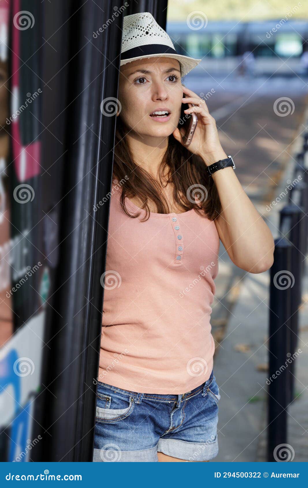 Woman Calling with Smartphone before Entering Bus Stock Photo - Image ...