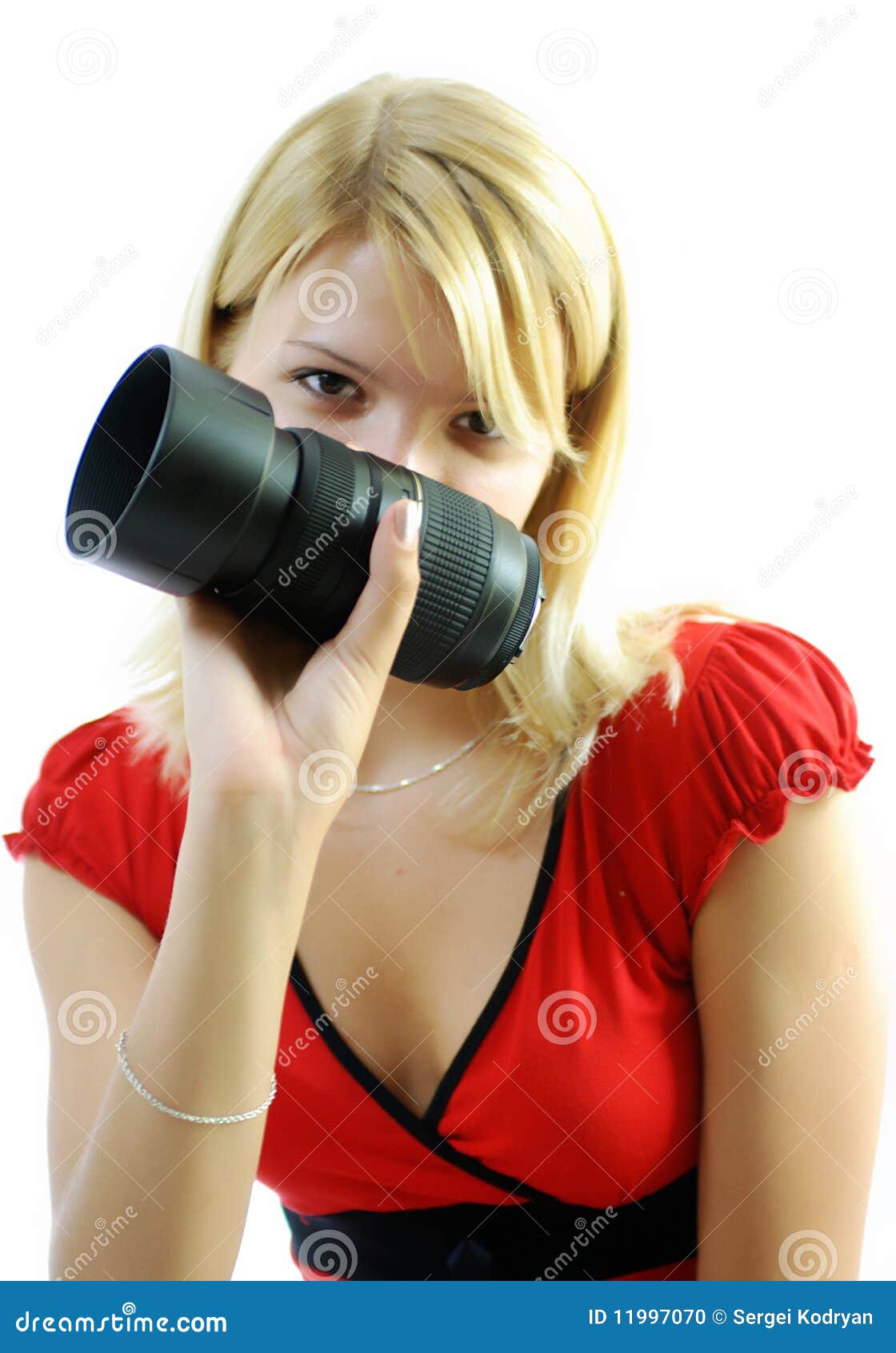 Woman with camera lens stock photo. Image of holds, zoom - 11997070