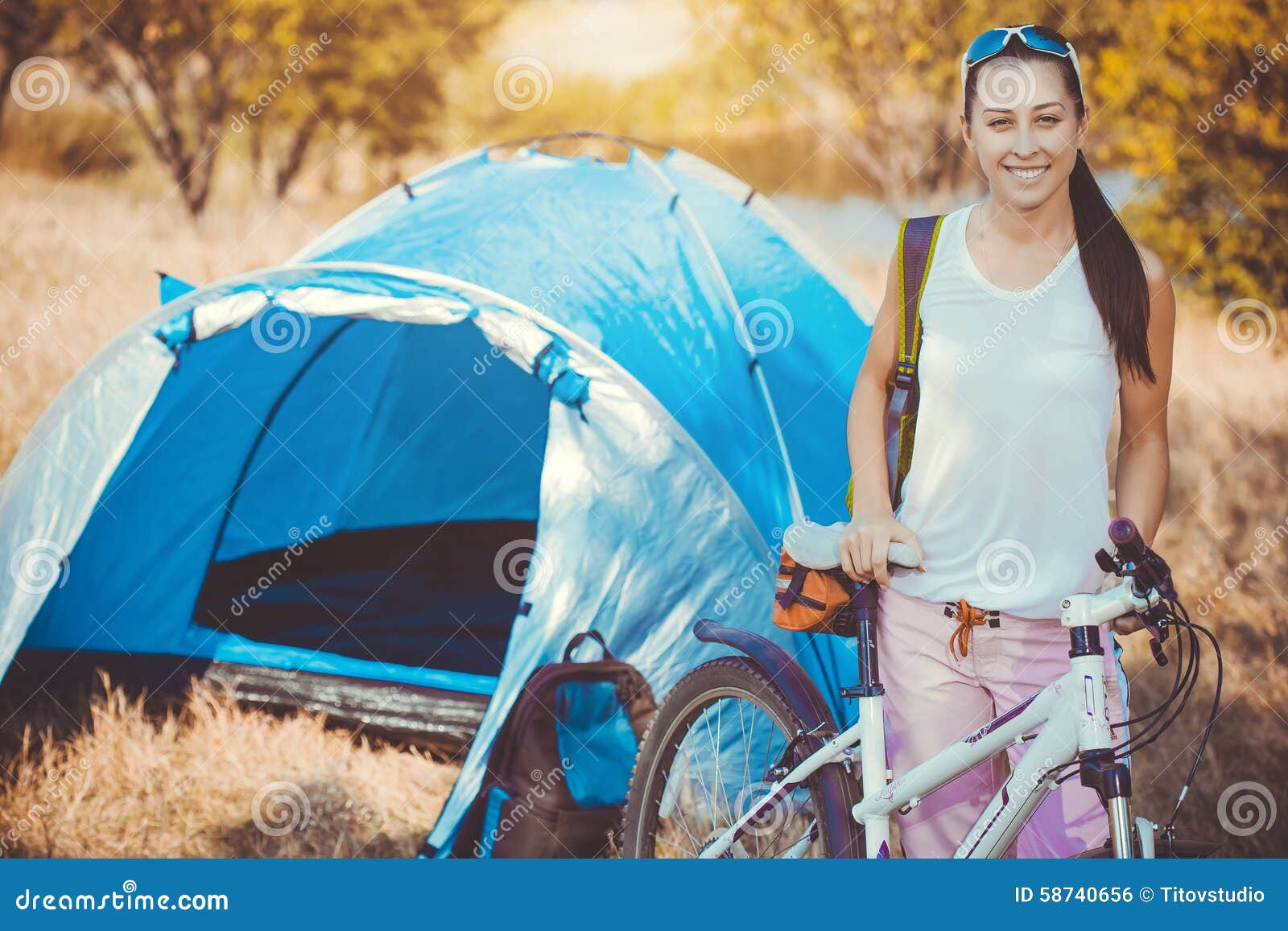 Woman camping in the park stock photo. Image of enjoyment - 58740656