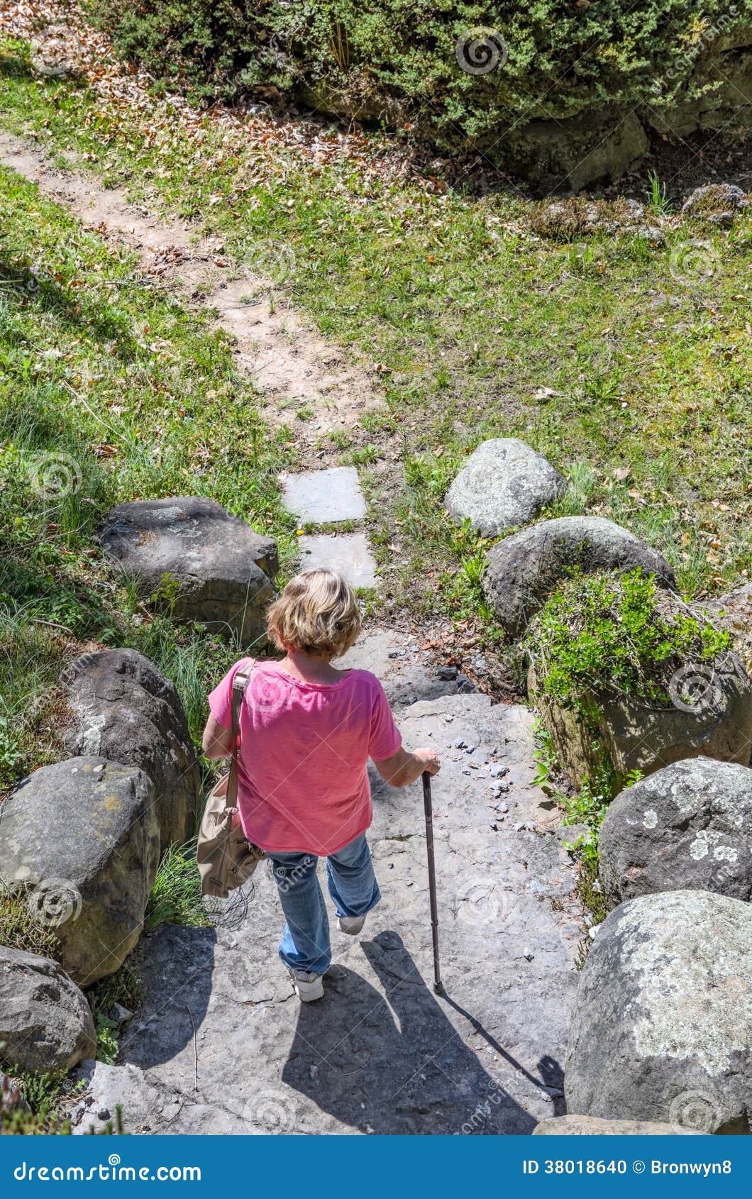 Woman with Cane Walking on Path Stock Photo - Image of senior, sidewalk ...