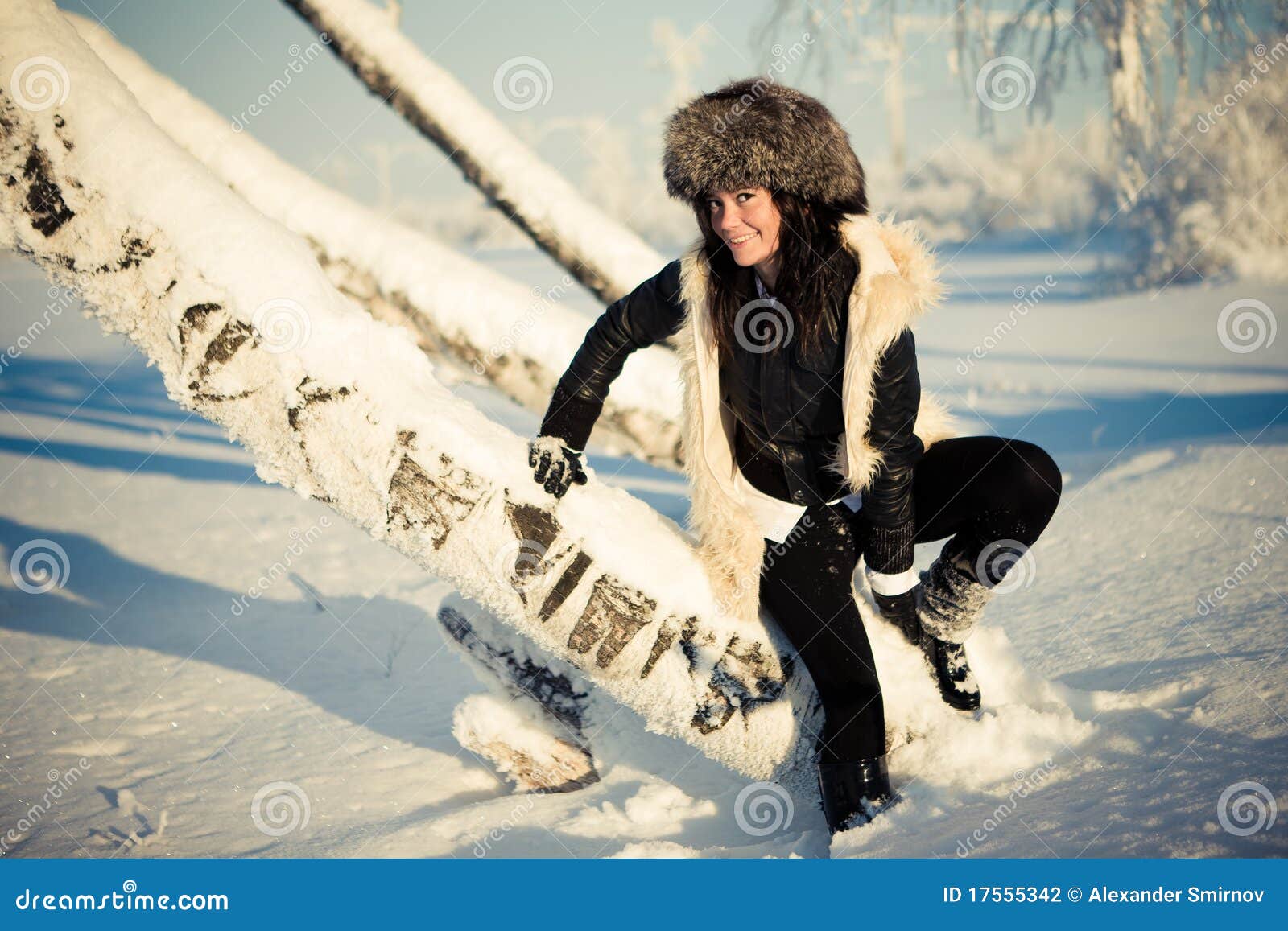 Woman in a Cap on Their Haunches of the Birch Stock Photo - Image of ...