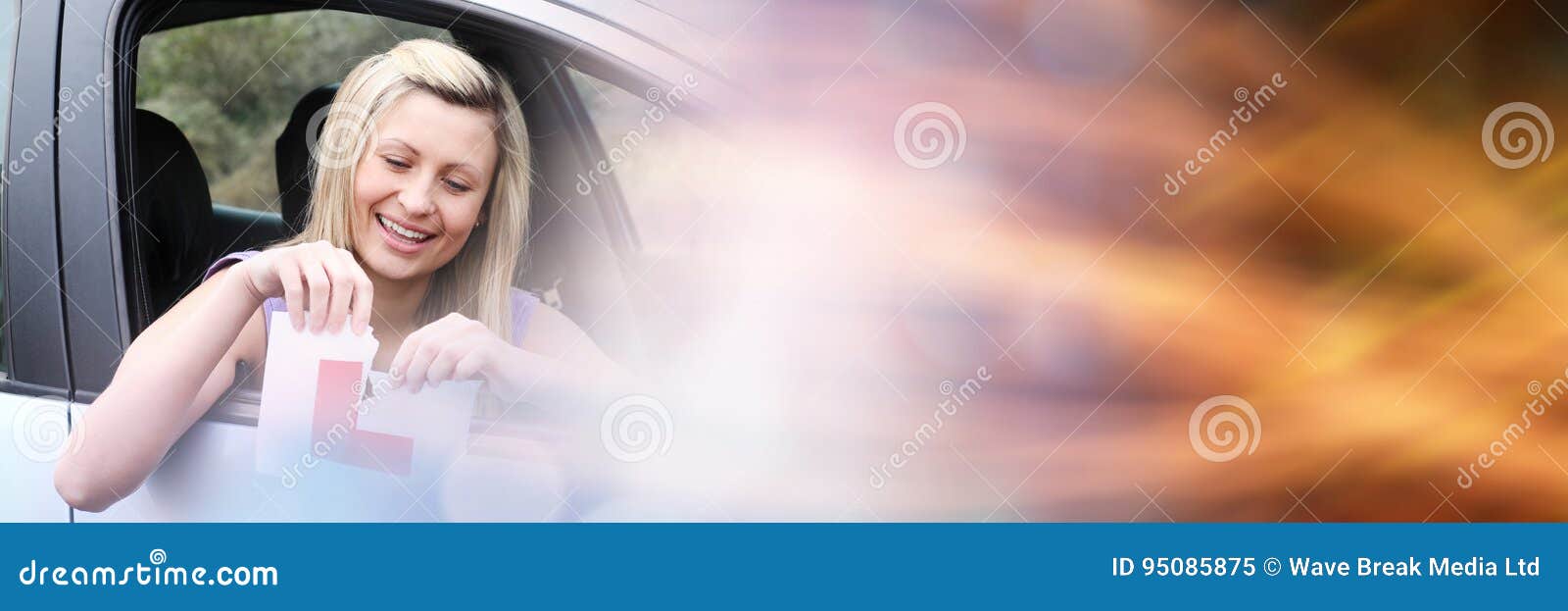 Woman in Car with Learner L Sign Ripping with Transition Stock Image ...